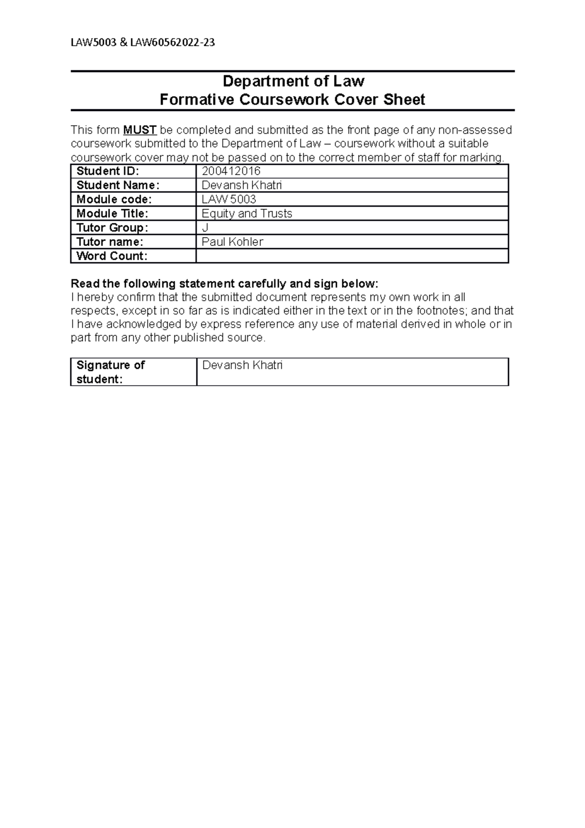Equity Formative - Department of Law Formative Coursework Cover Sheet ...