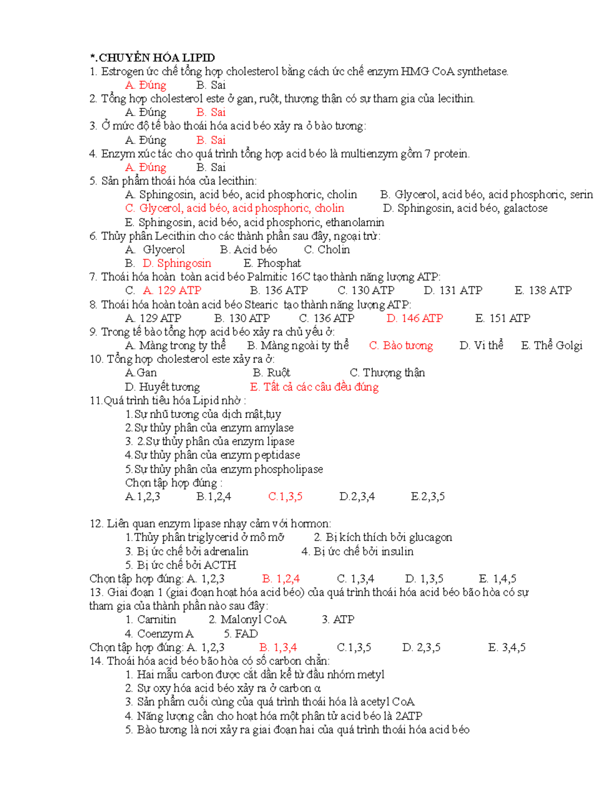 Hóa sinh - hoa sinh - *.CHUYỂN HÓA LIPID Estrogen ức chế tổng hợp ...