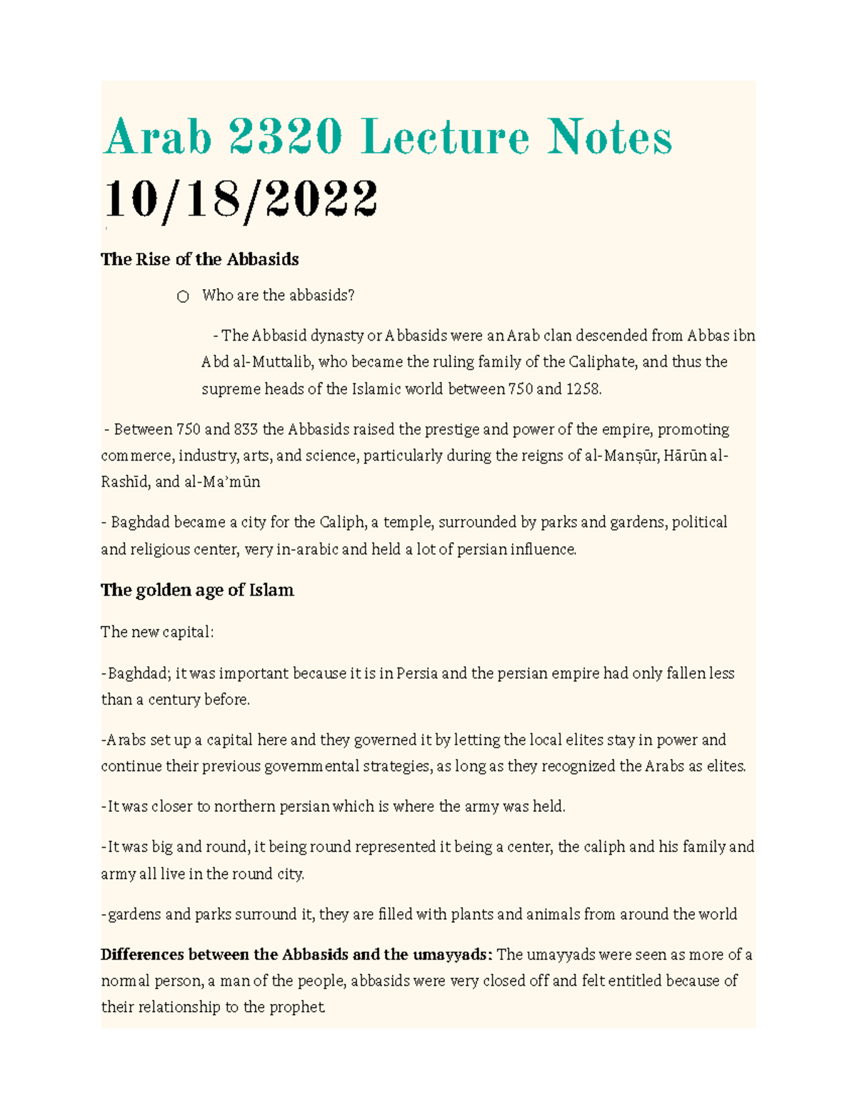 Arab 2320 Lecture Notes: The Rise of the Abbasids and the Golden Age of ...
