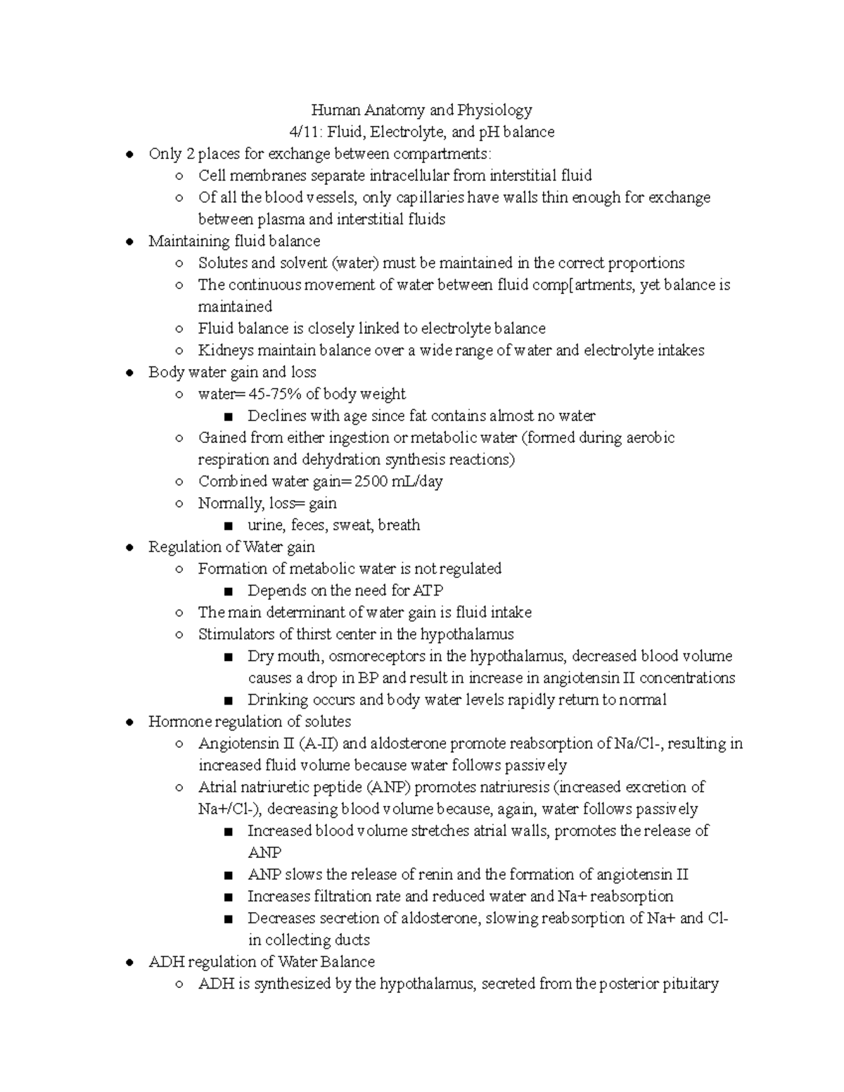 Fluid, Electrolyte, and pH Balance Lecture Notes - Human Anatomy and ...