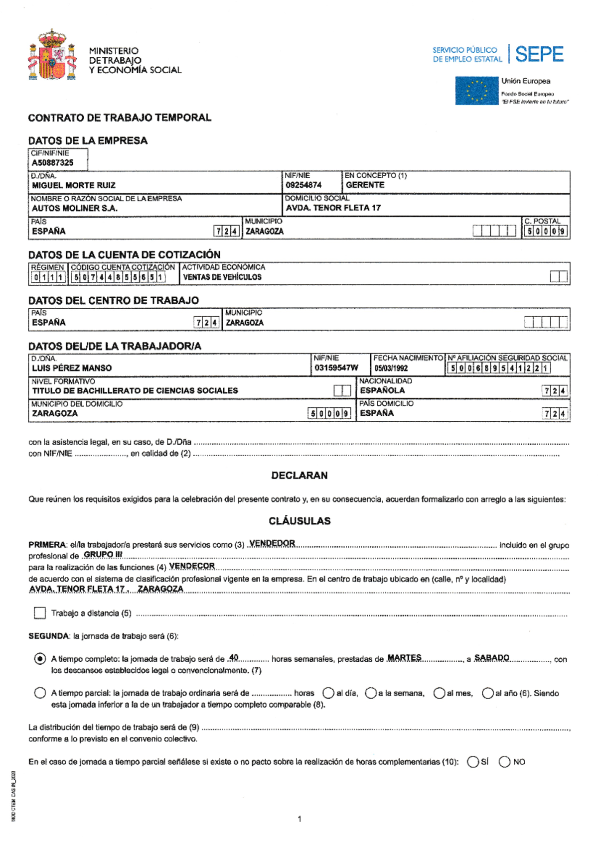 Contrato DE Trabajo Temporal Interinidad - recursos humanos - Studocu