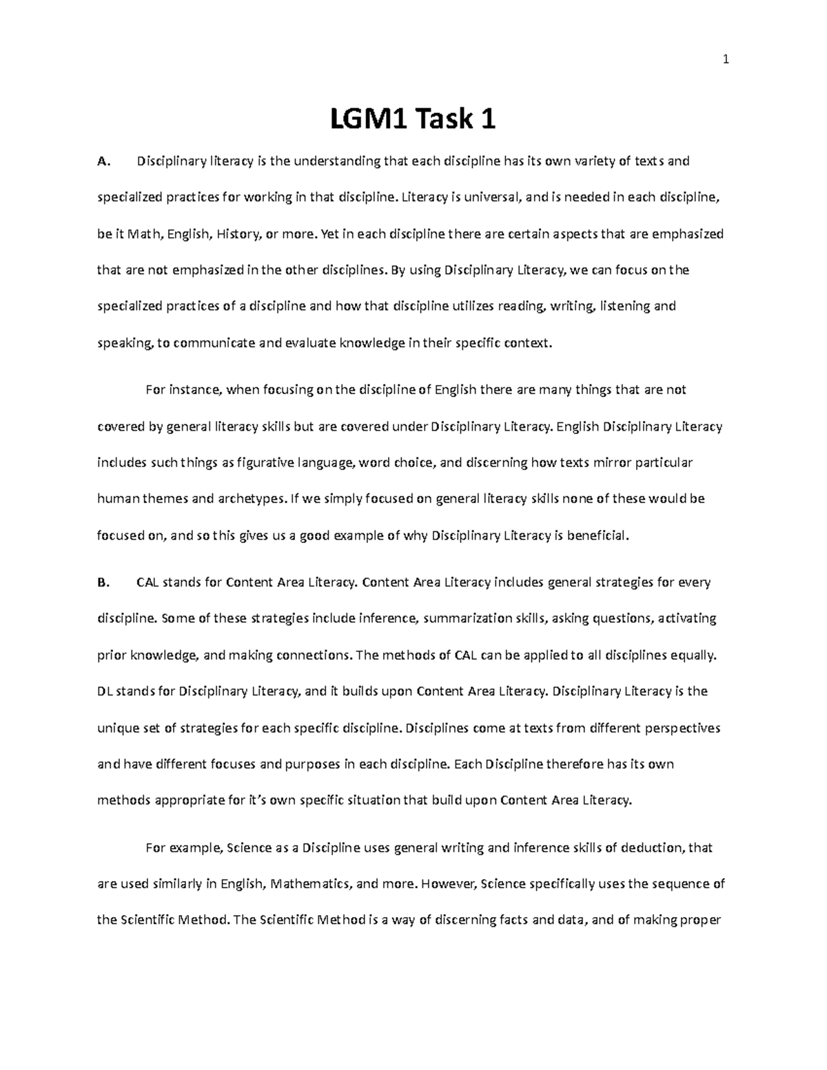 LGM1 Task 1 - Task 1 - LGM1 Task 1 A. Disciplinary literacy is the ...