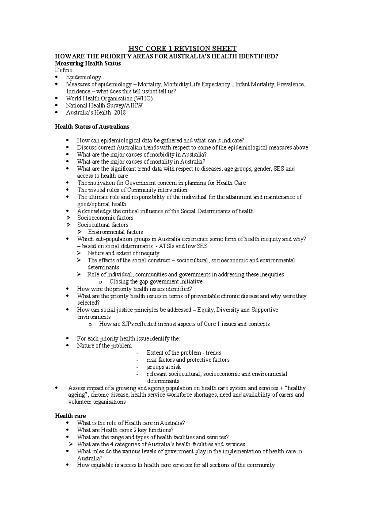 HSC Core 1 Revision: Identifying Priority Areas for Health - Studocu