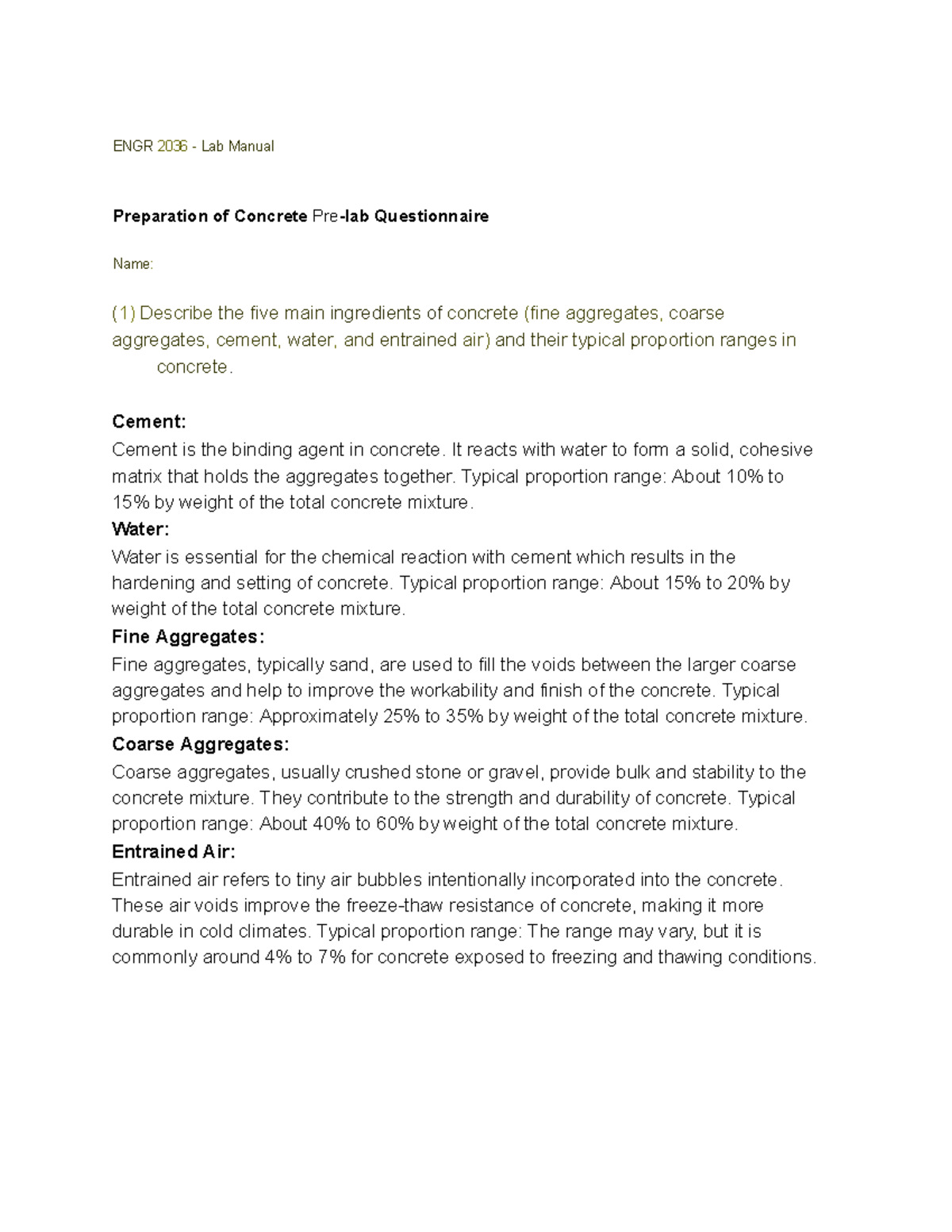 Engineering Materials Pr Lab 1 - ENGR 2036 - Lab Manual Preparation of ...