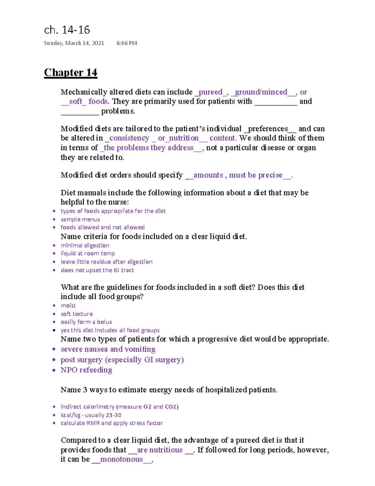 Nutrition ch 14 to 16 study guide - Chapter 14 Mechanically altered diets can include pureed ...