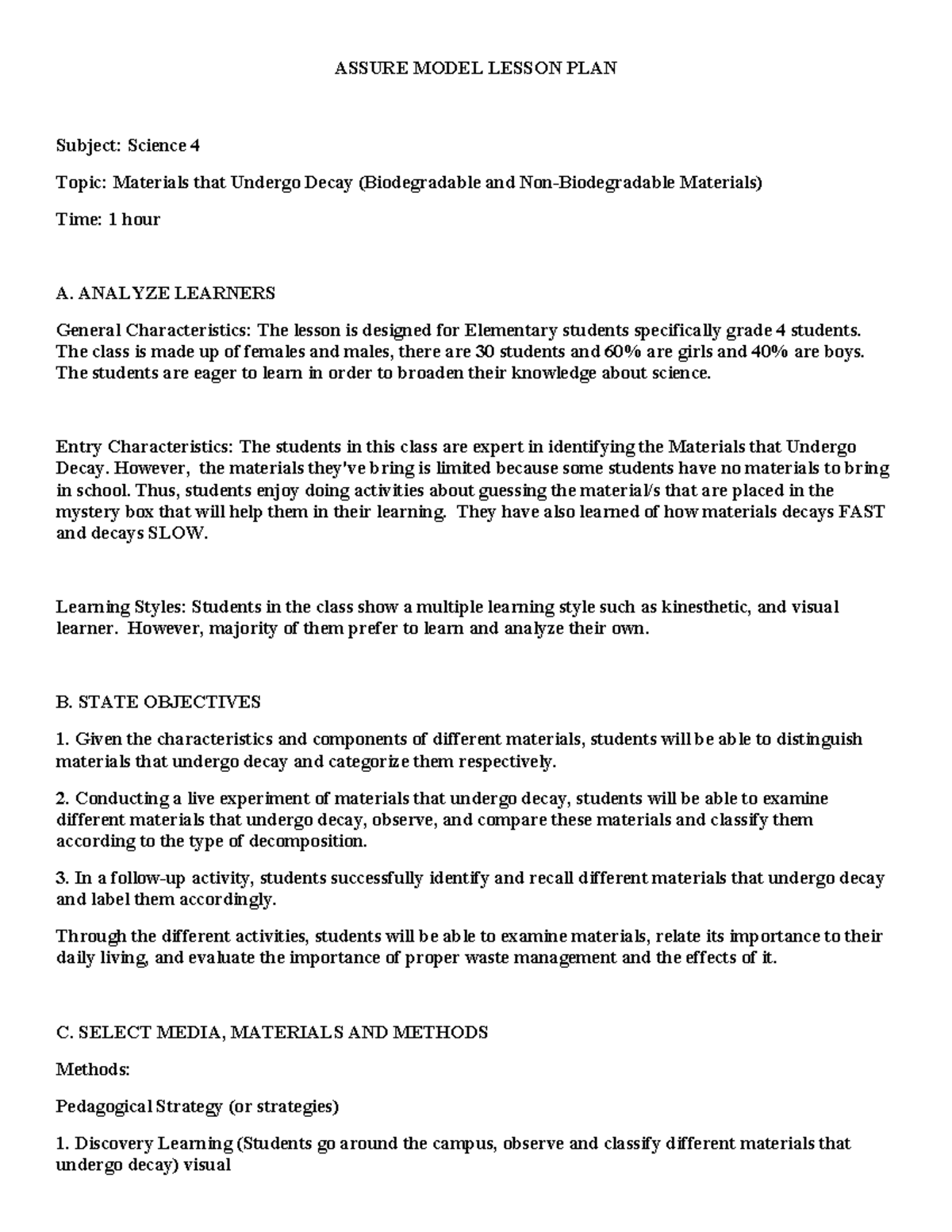Assure Lesson PLAN - ASSURE MODEL LESSON PLAN Subject: Science 4 Topic ...