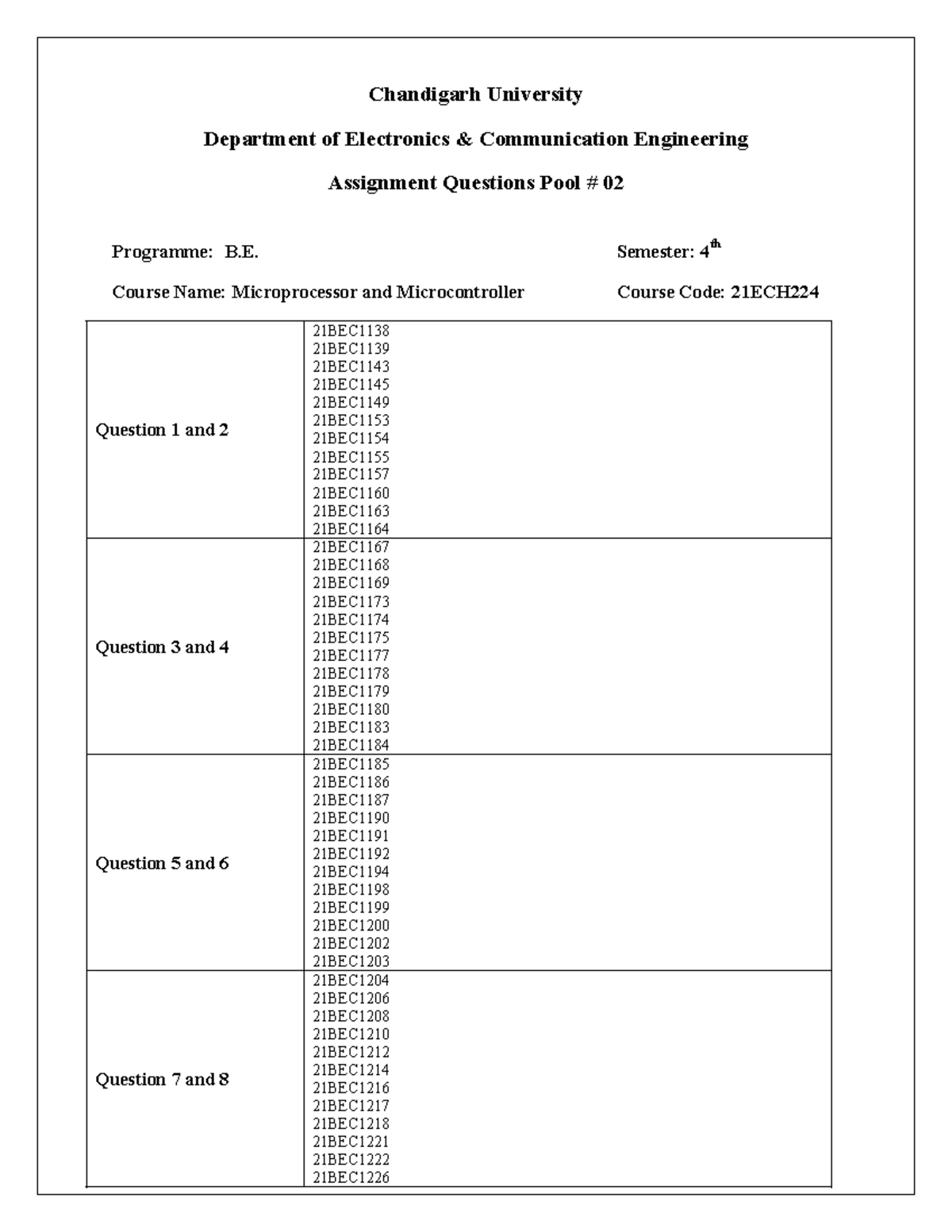 Assignment 2 Question Pool - Semester: Course Name: Microprocessor and Microcontroller Course ...