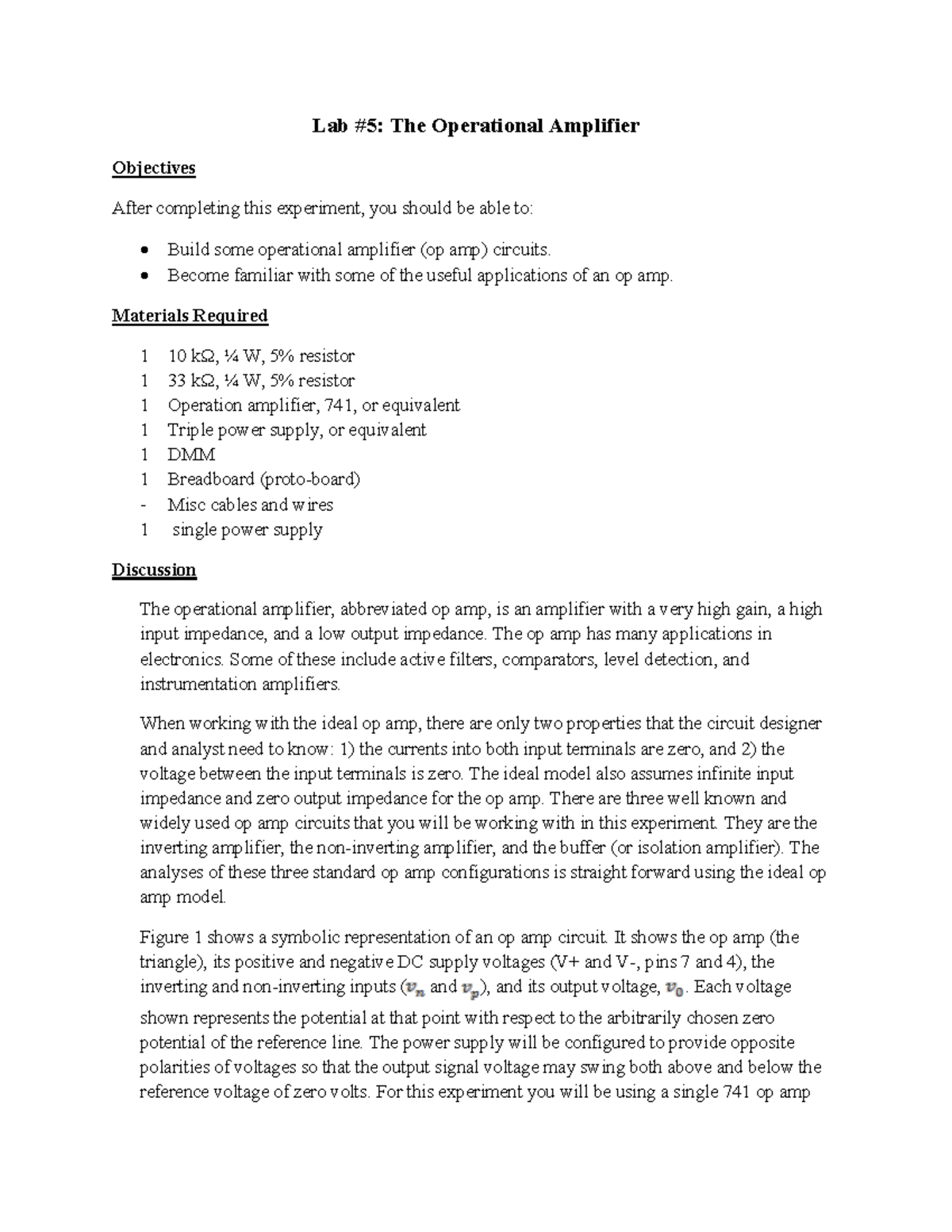 Lab 5 - Op Amps - a lab from this class - ####### Lab #5: The Operational Amplifier Objectives ...