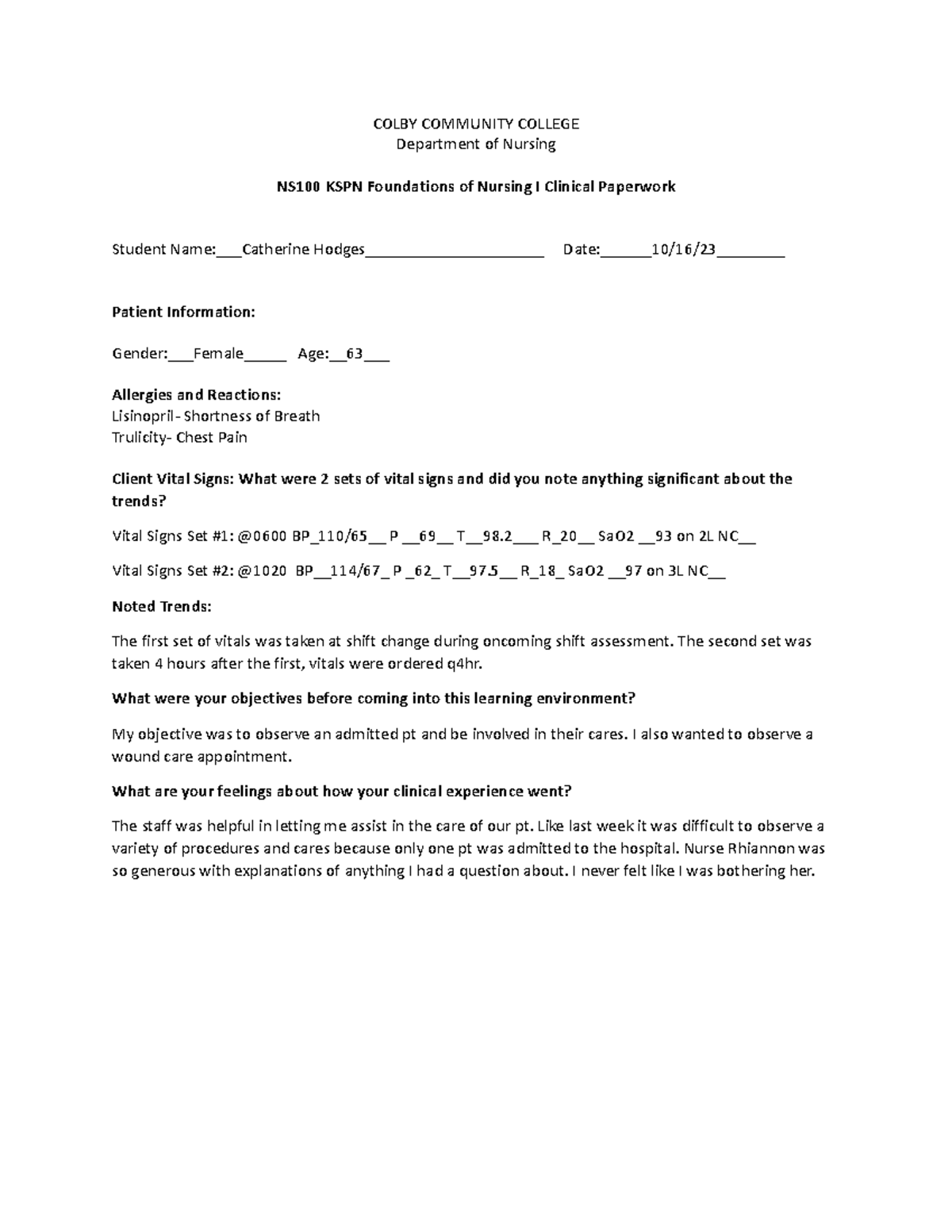 Clinical paperwork - COLBY COMMUNITY COLLEGE Department of Nursing ...