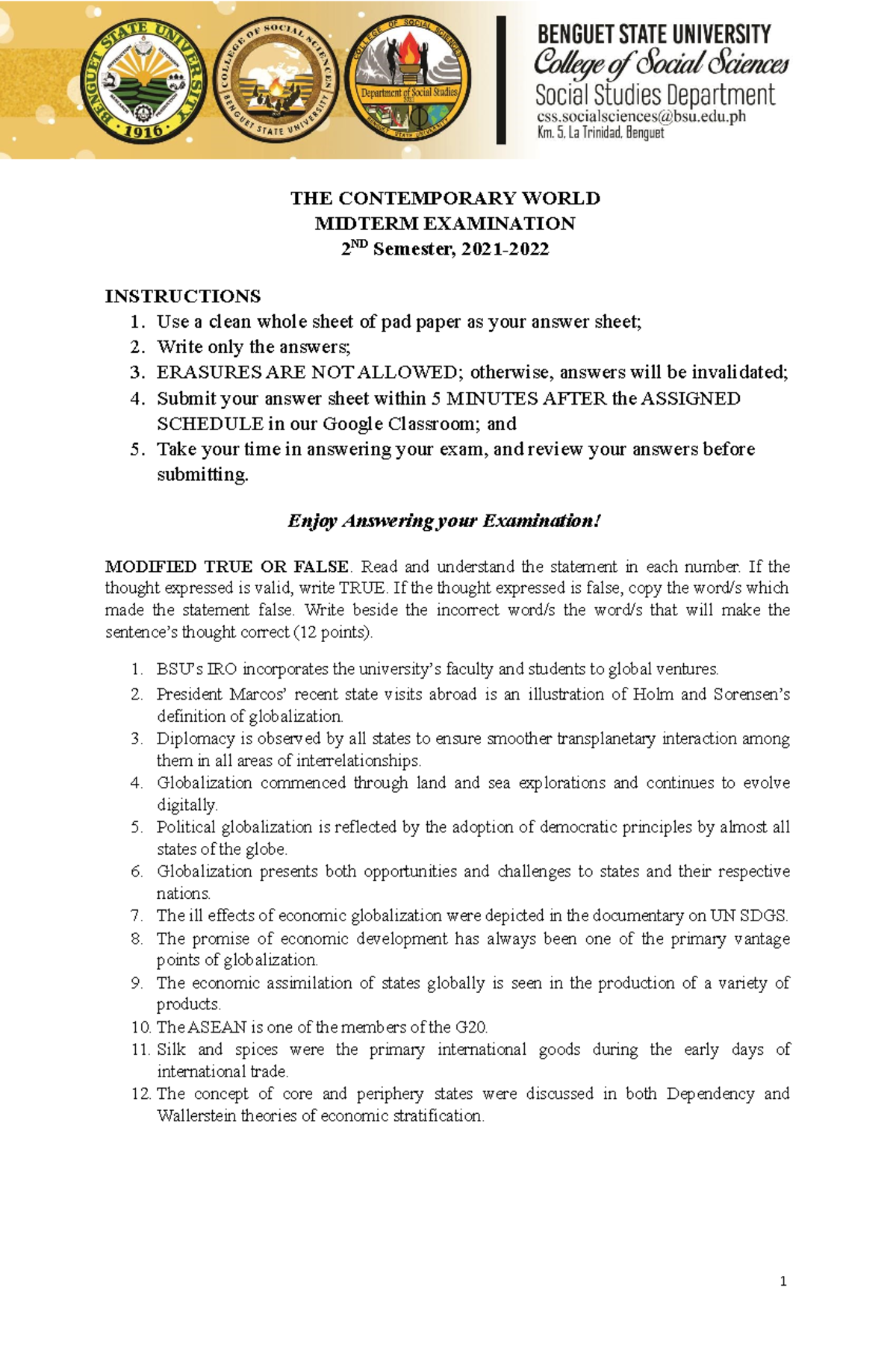 7 - THE CONTEMPORARY WORLD MIDTERM EXAMINATION 2ND Semester, 2021-2022 ...