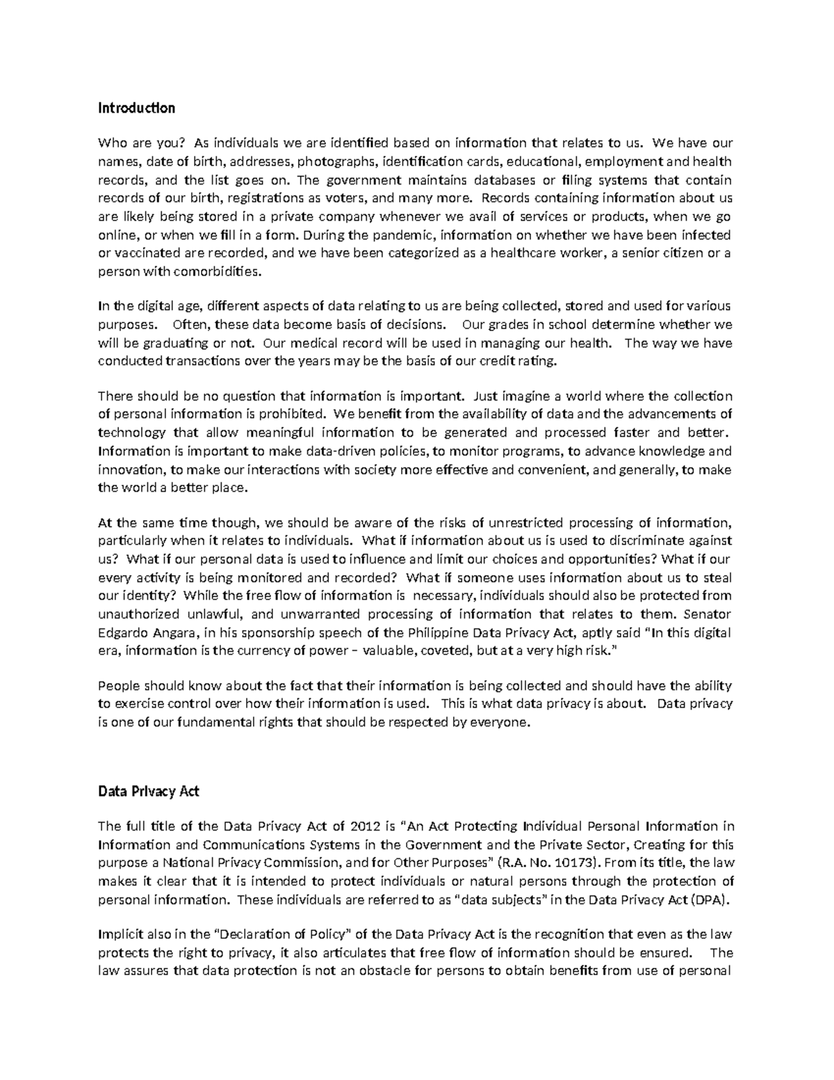 DATA PRIVACY ACT SUMMARY FROM NET - Introduction Who are you? As individuals we are identified ...