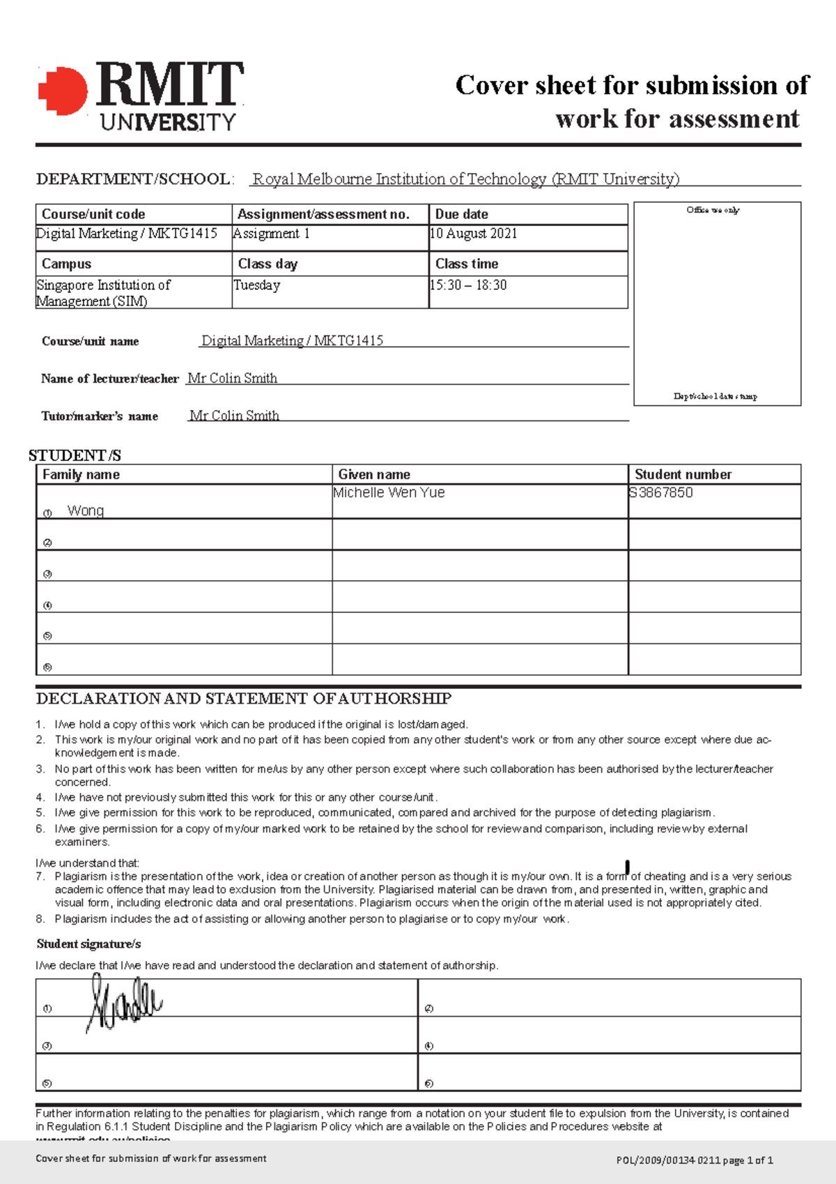 DM Strategic Plan - CR DM Assessment 1 - Cover sheet for submission of ...