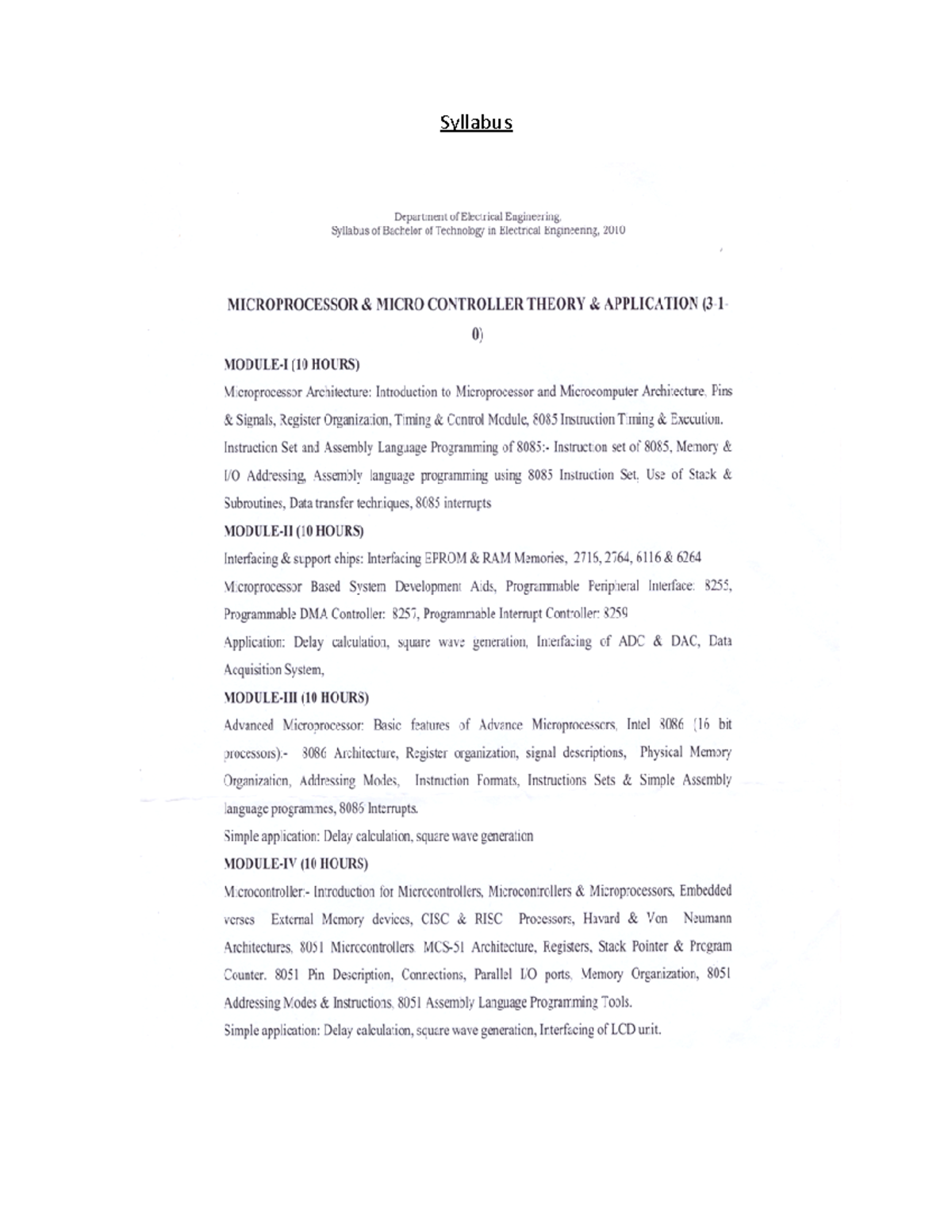 Microprocessor - Syllabus MODULE: 1 1. INTRODUCTION TO MICROPROCESSOR ...