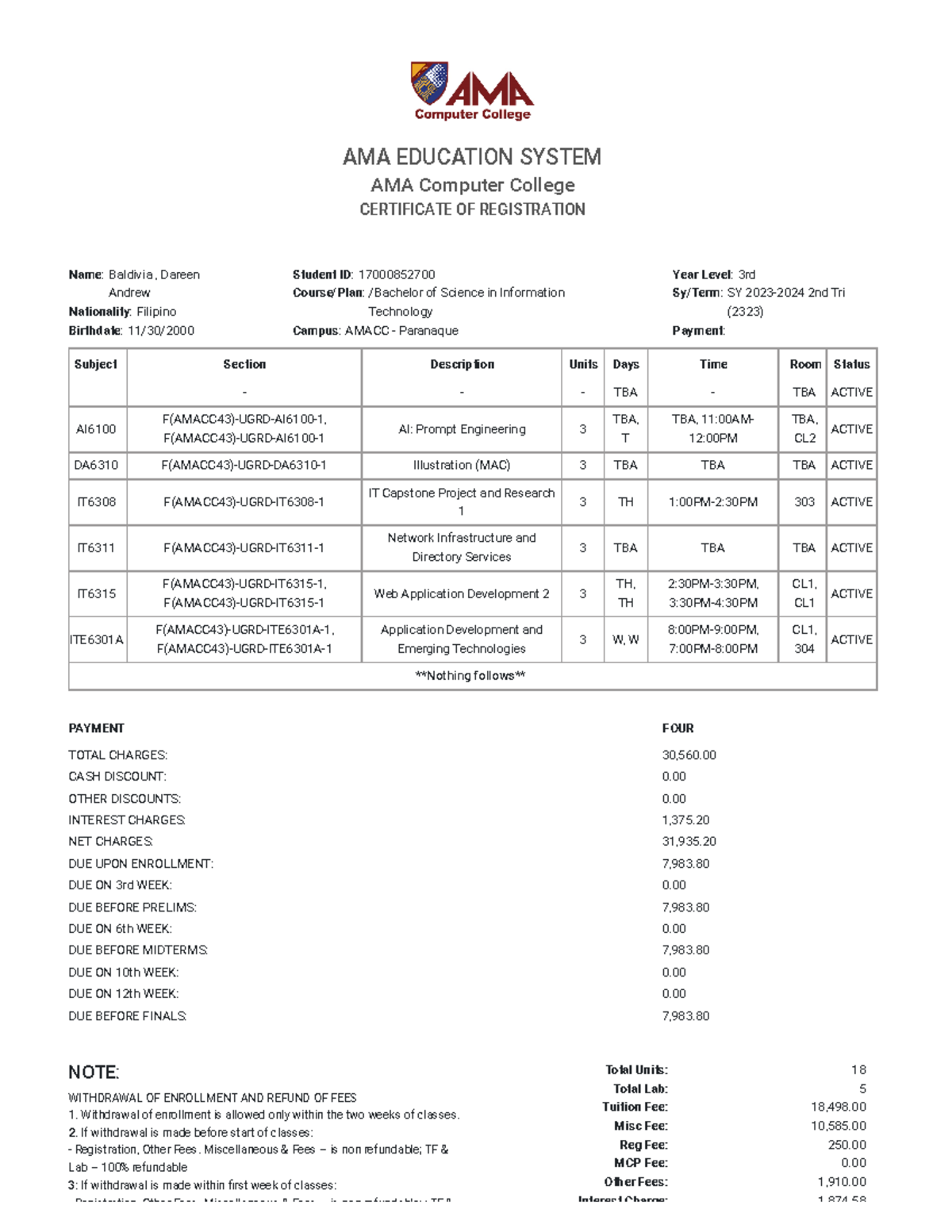 NEW COR - AMA EDUCATION SYSTEM AMA Computer College CERTIFICATE OF ...