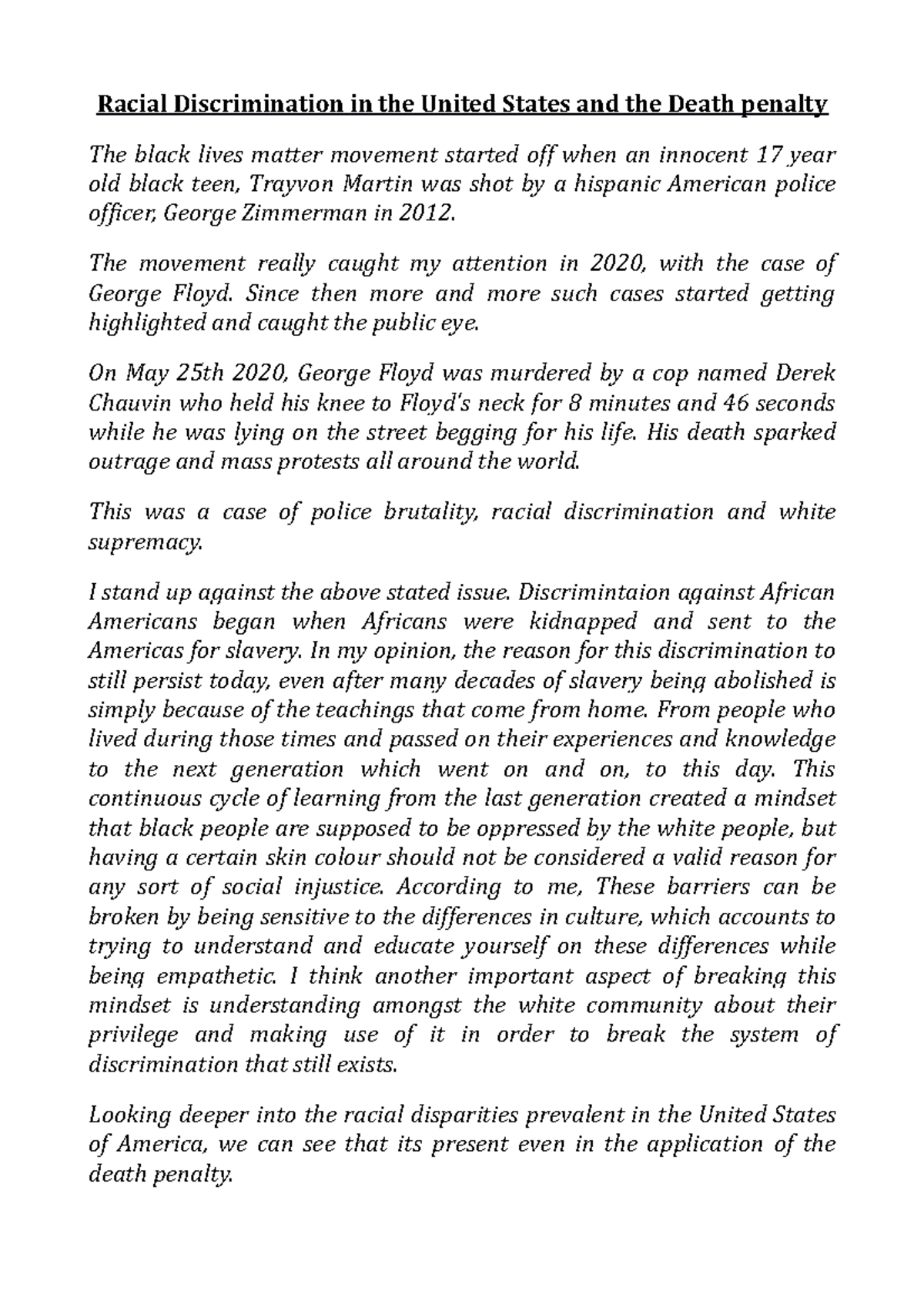 Essay - Racial Discrimination in the United States and the Death ...