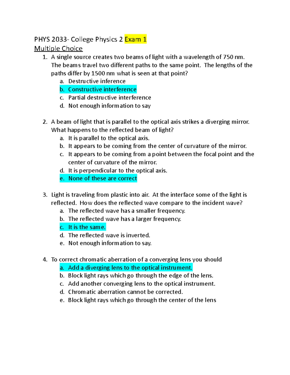 CP2Exam1 - College Physics 2 Exam 1 Multiple Choice - PHYS 2033- College Physics 2 Exam 1 ...