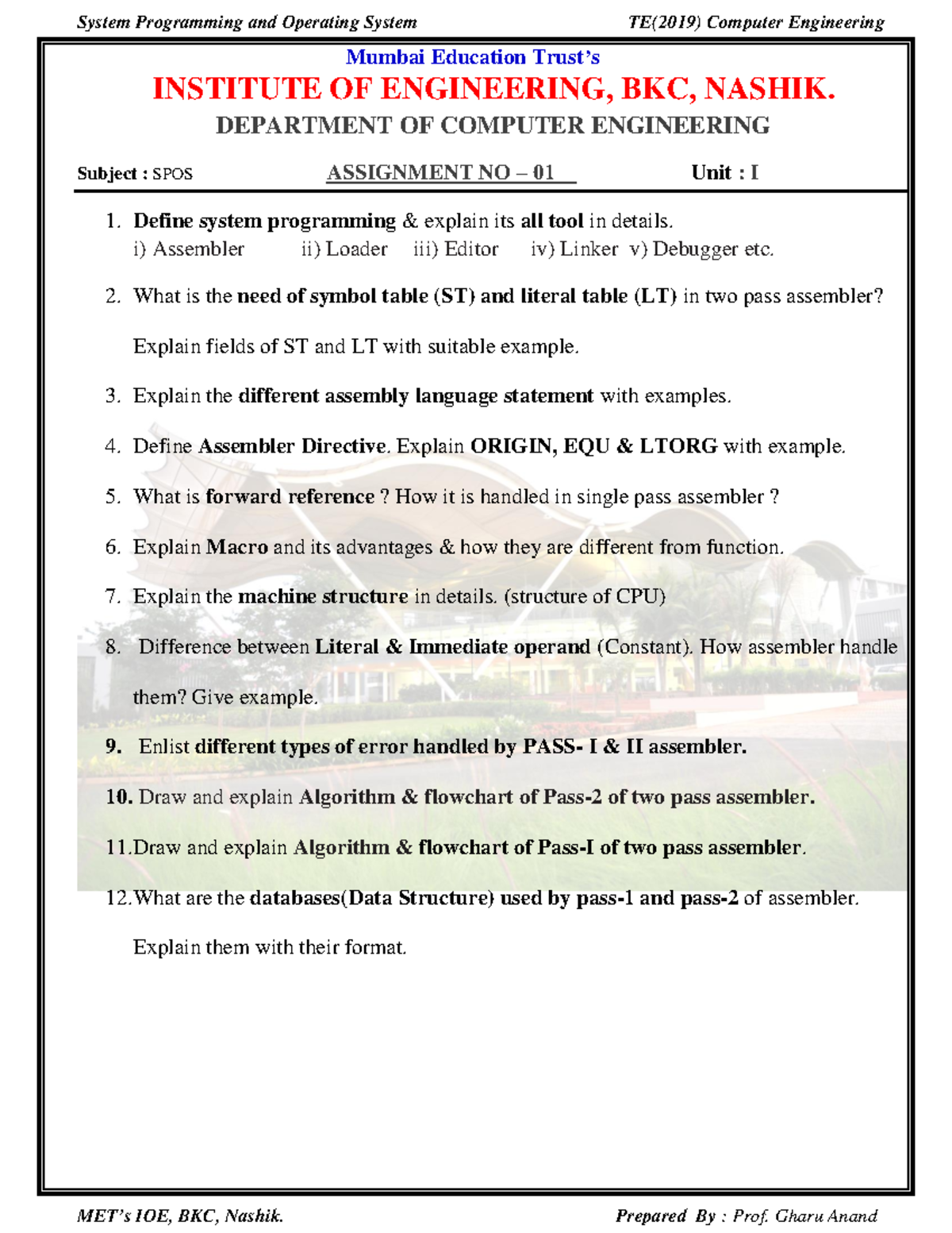 Assignment 1 - System Programming and Operating System TE(2019) Computer Engineering MET’s IOE ...