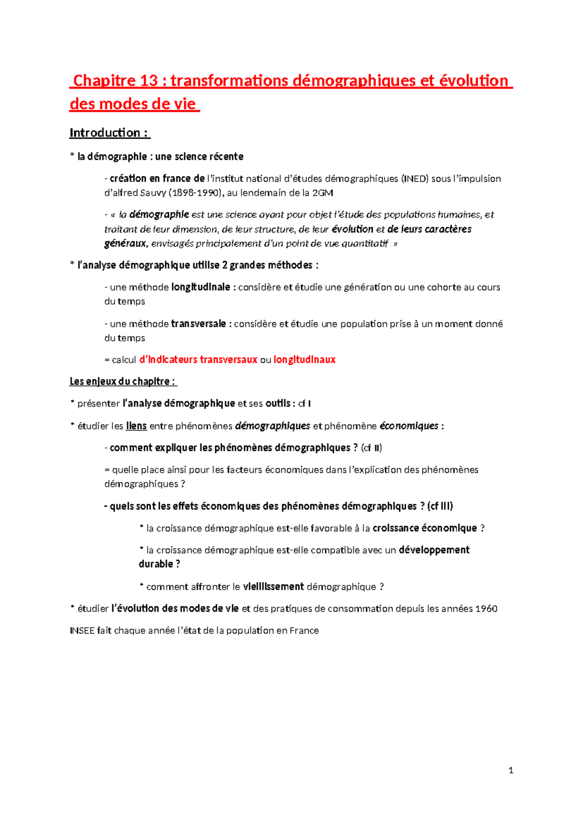 Chapitre 13 cours - Chapitre 13 : transformations démographiques et évolution des modes de vie ...