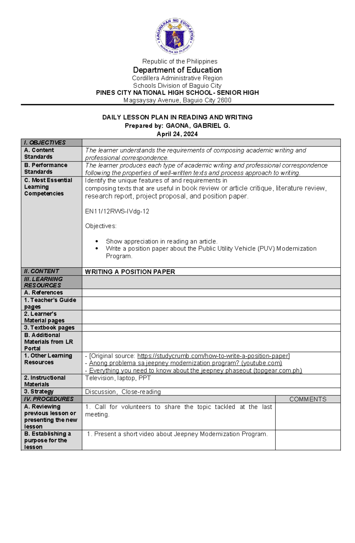 Lesson Plan on Position Paper - Republic of the Philippines Department ...