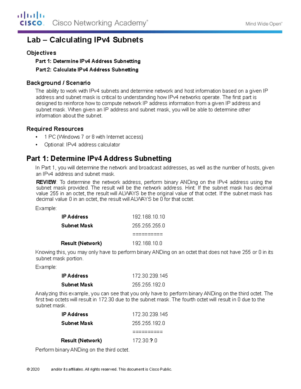 Lab 2.1 - Calculating IPv4 Subnets - Objectives Part 1: Determine IPv4 Address Subnetting Part 2 ...