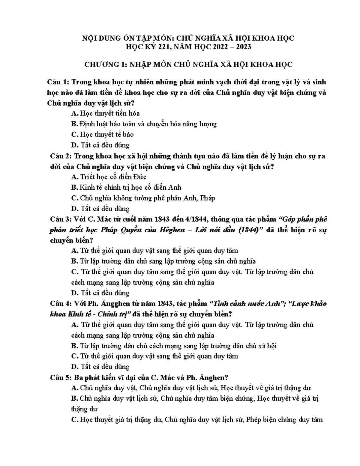 NOI DUNG ON TAP HK 221 NH 2022 - 2023 - NỘI DUNG ÔN TẬP MÔN: CHỦ NGHĨA ...