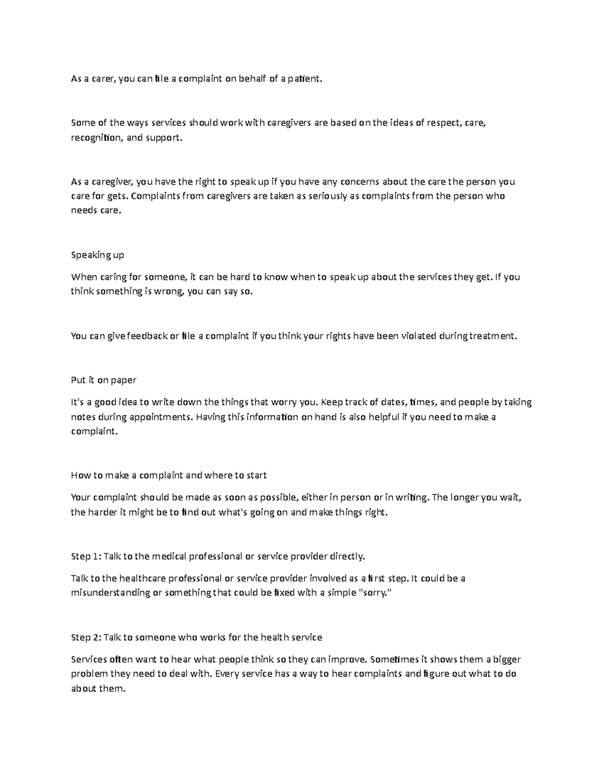 As a carer - Nursing notes - As a carer, you can file a complaint on ...