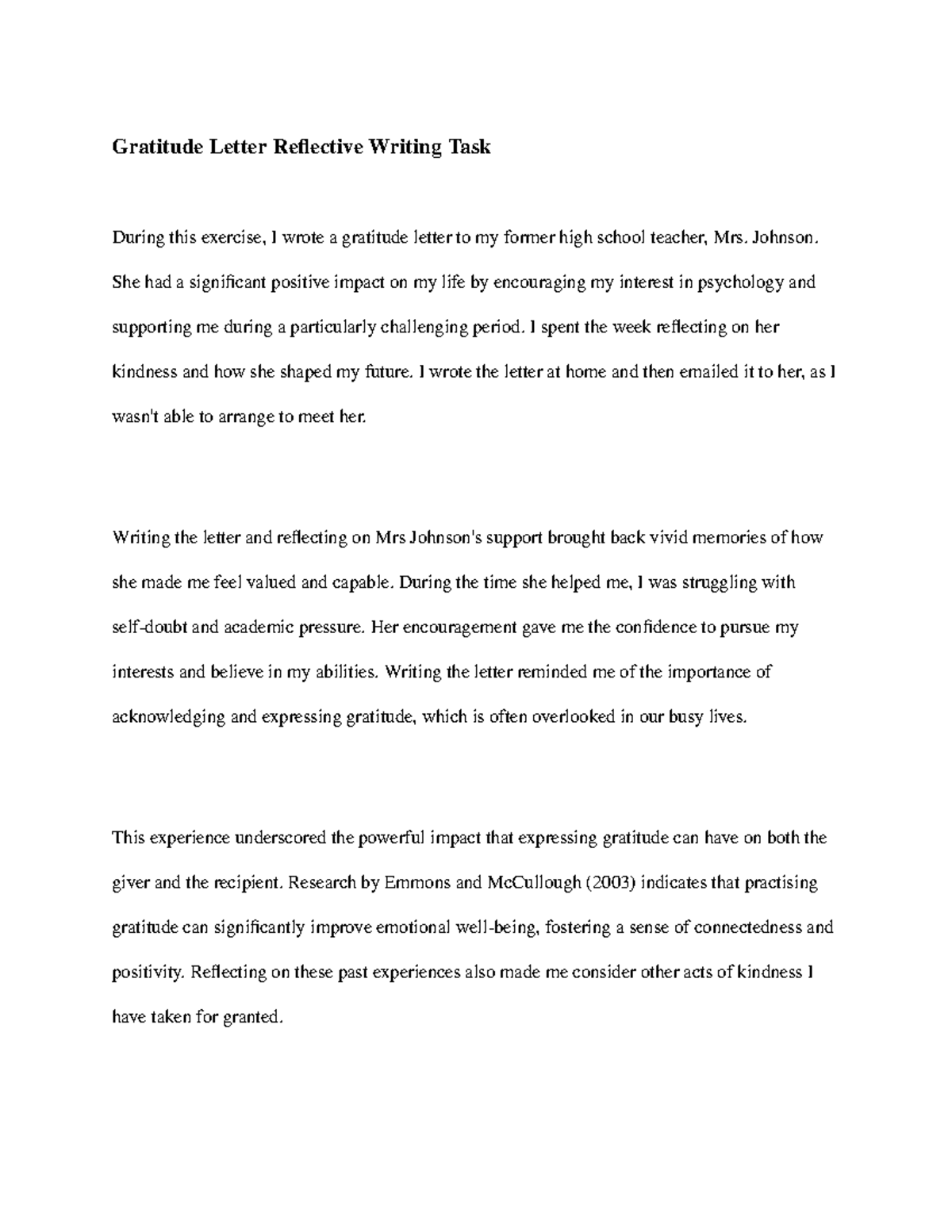 Gratitude Letter Reflective Writing Task - Johnson. She had a ...