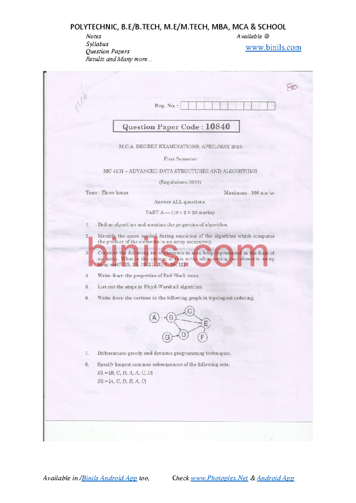MC 4101 Advanced Data Structures and Algorithms - binils POLYTECHNIC, B ...