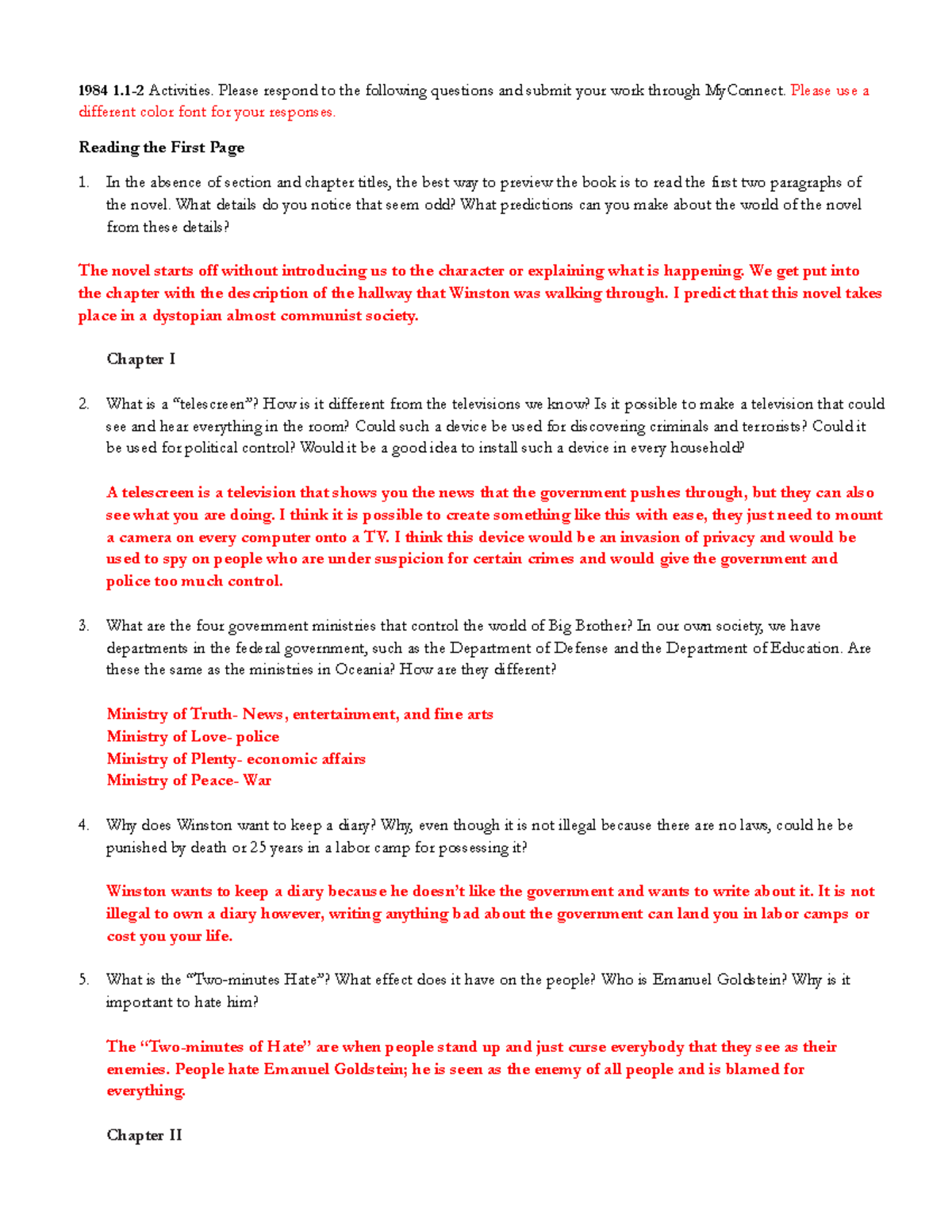 1984 1.1-2 reading tasks - 1984 1-2 Activities. Please respond to the ...