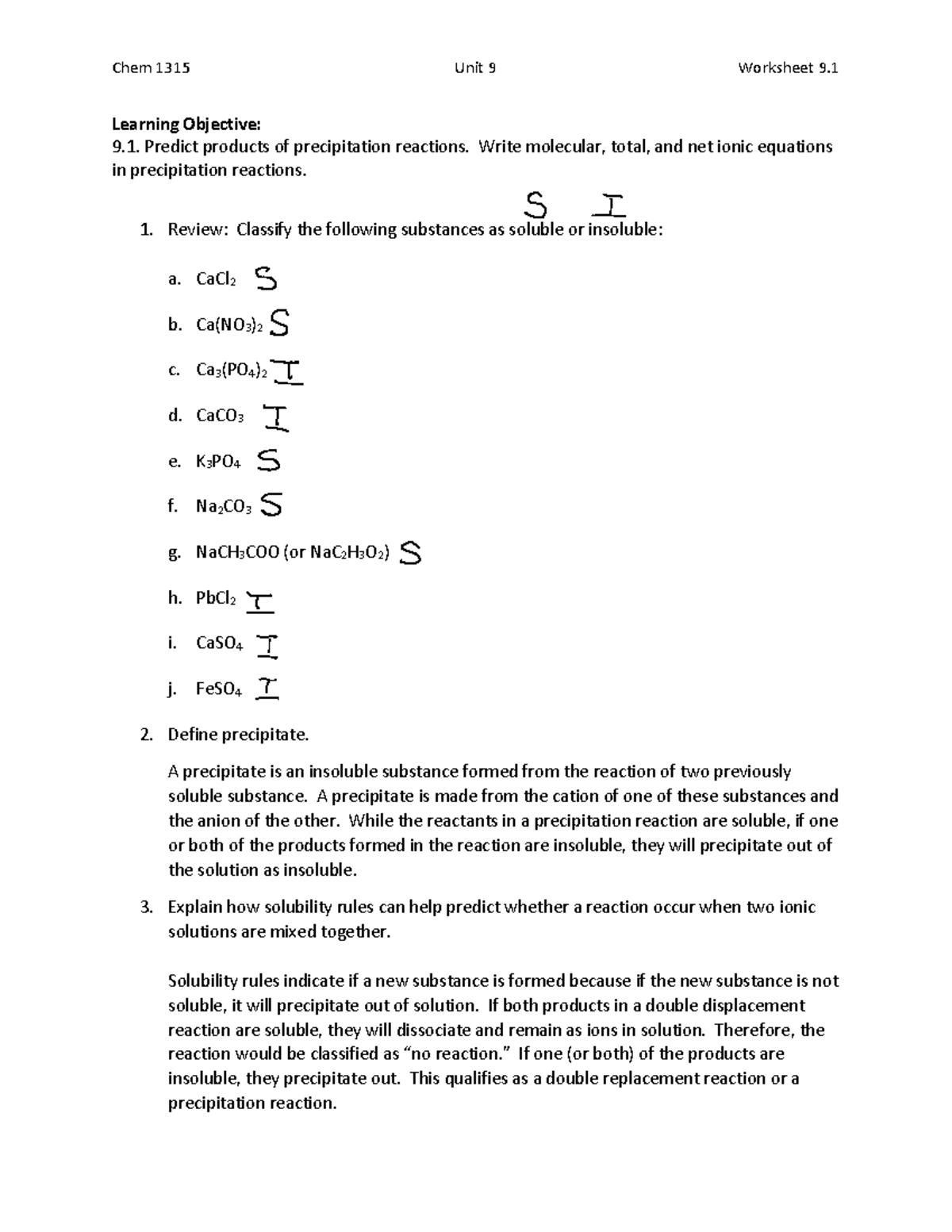 Worksheet 9.1 solutions-1-1 - Chem 1315 Unit 9 Worksheet 9. Learning ...