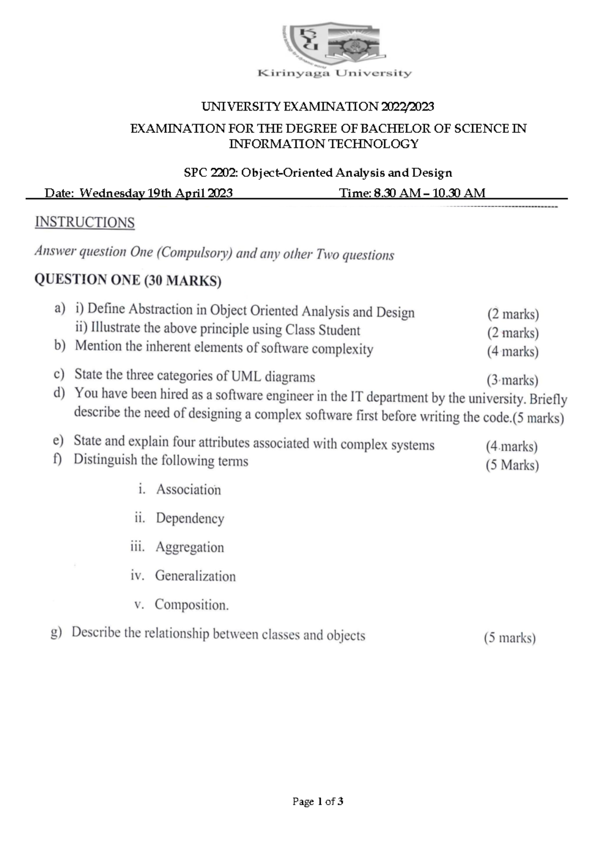 Spc 2202 Object Oriented Analysis And Design Computer Science Page 1 Of 3 University