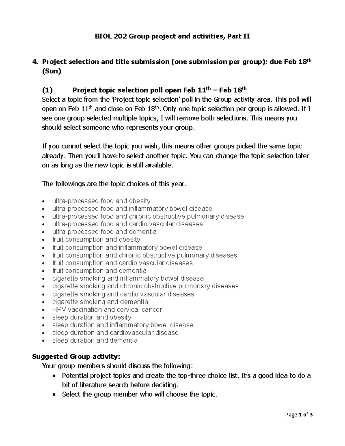 BIOL 202 Group activity direction - Page 1 of 3 BIOL 202 Group project ...