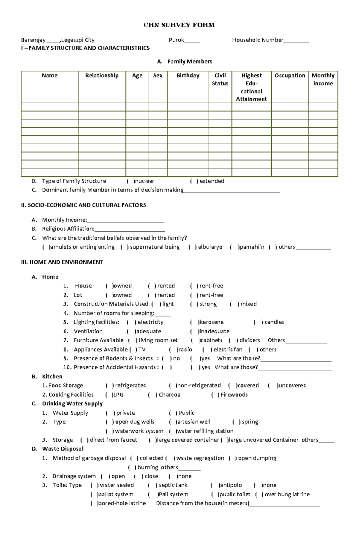 CHN- Survey-FORM - chn survey form - CHN SURVEY FORM Barangay ,Legaszpi ...