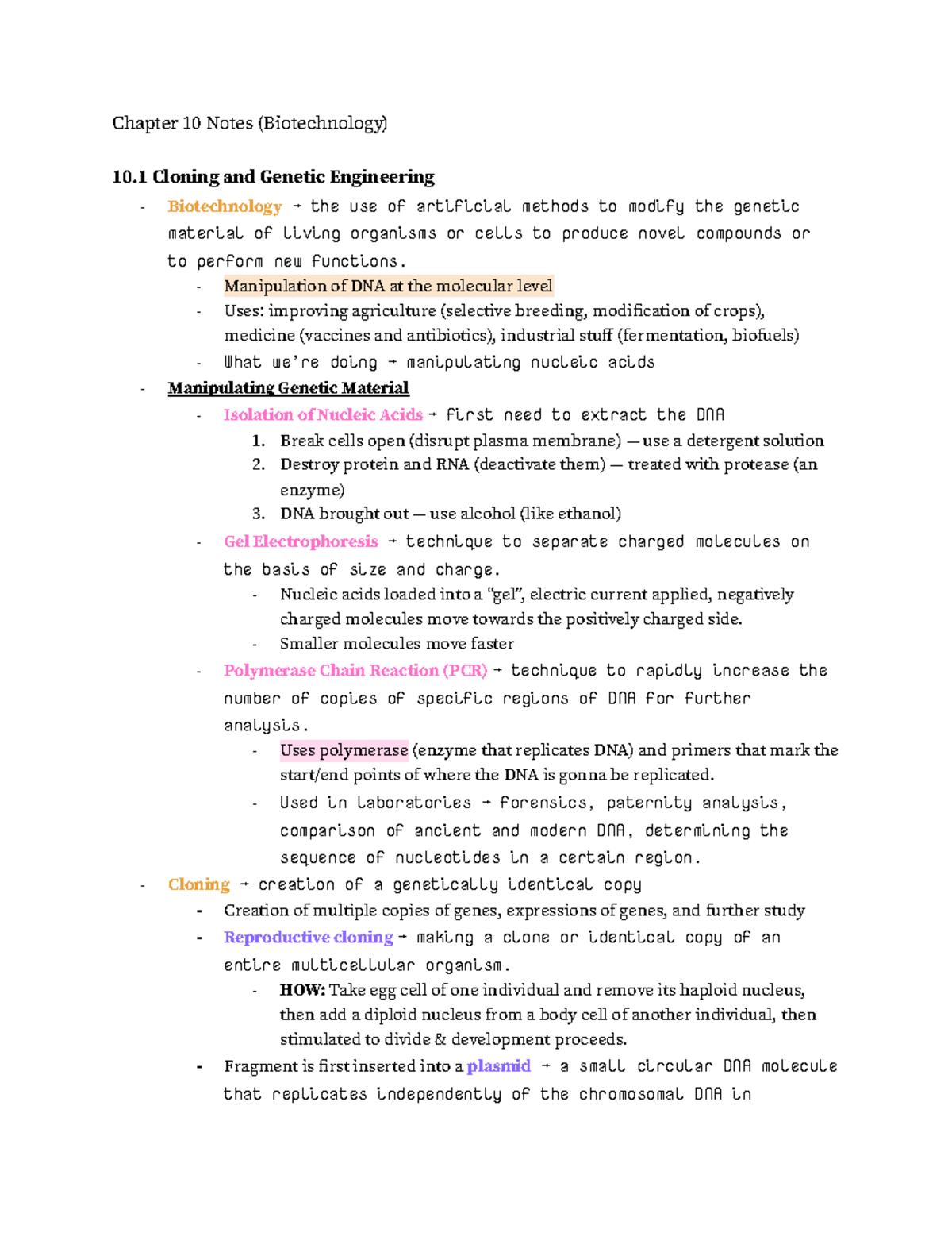 LS7A Chapter 10 Notes - Chapter 10 Notes (Biotechnology) 10 Cloning and ...