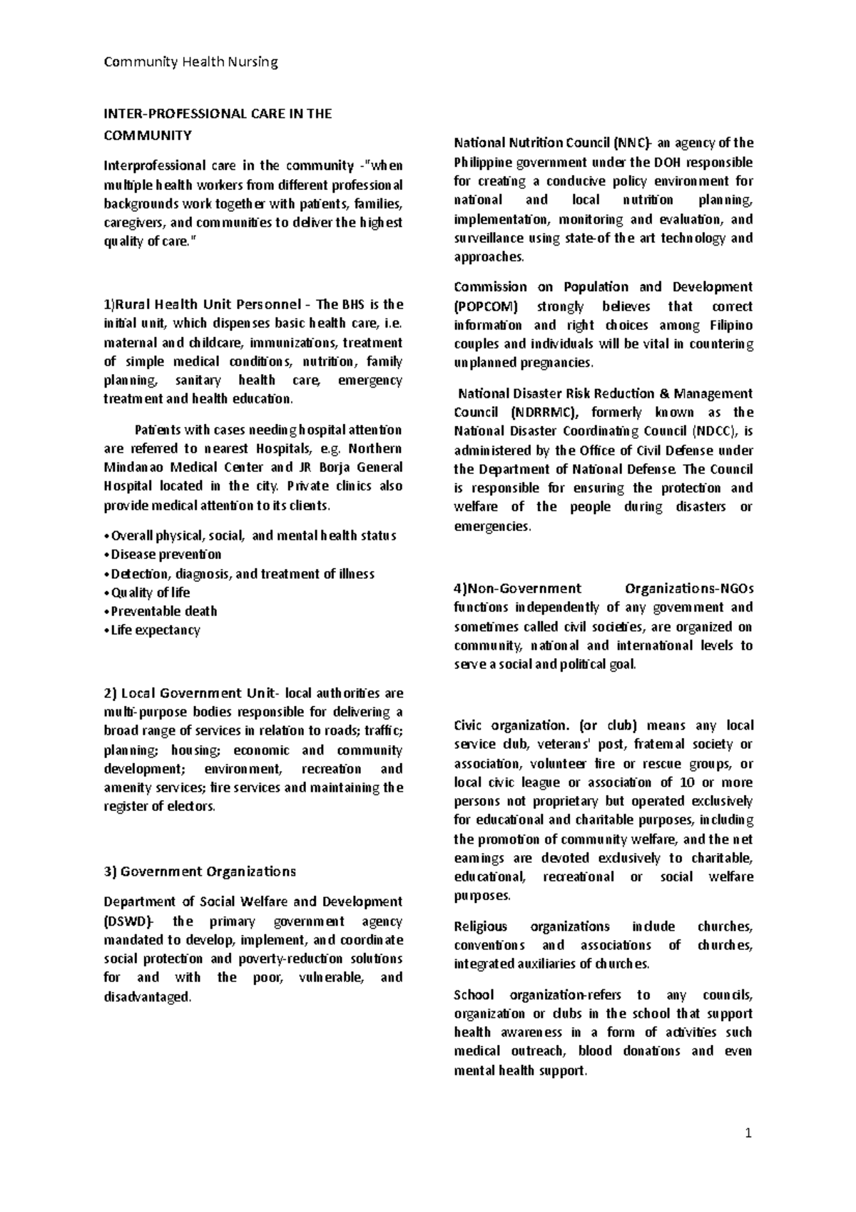 Notes final - Community Health Nursing CARE IN THE COMMUNITY ...