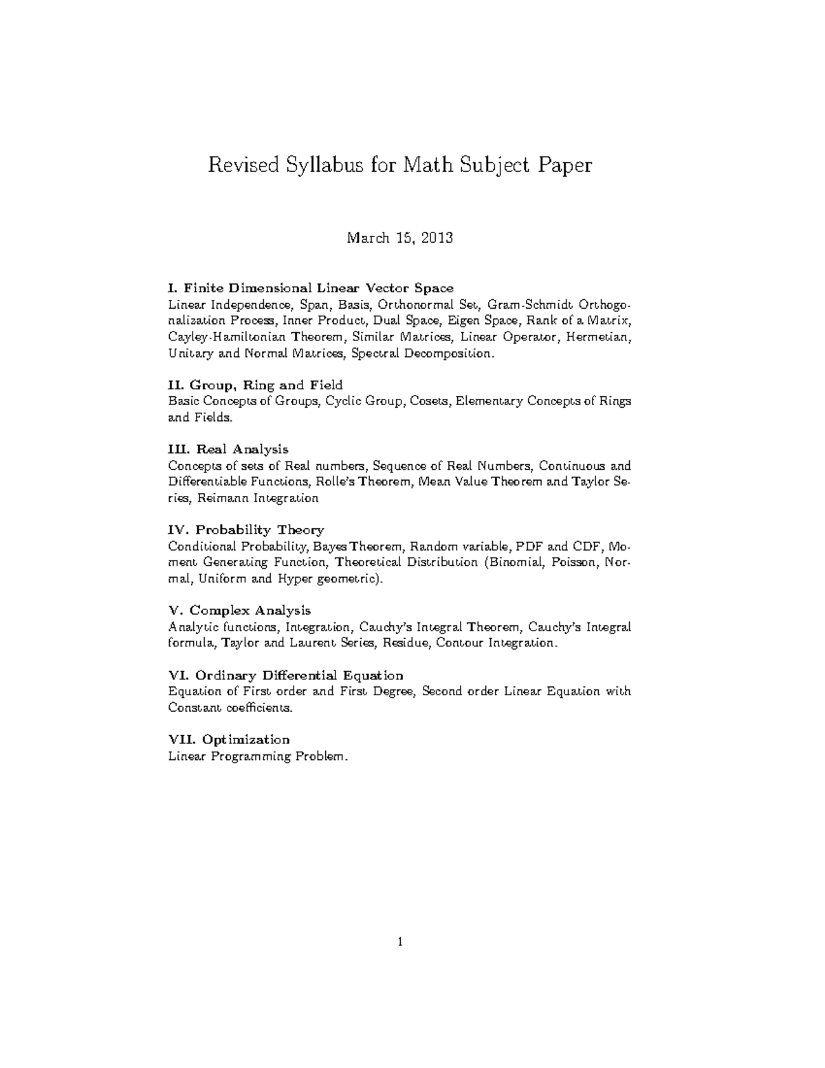 Maths Revised Syllabus Revised Syllabus For Math Subject Paper March