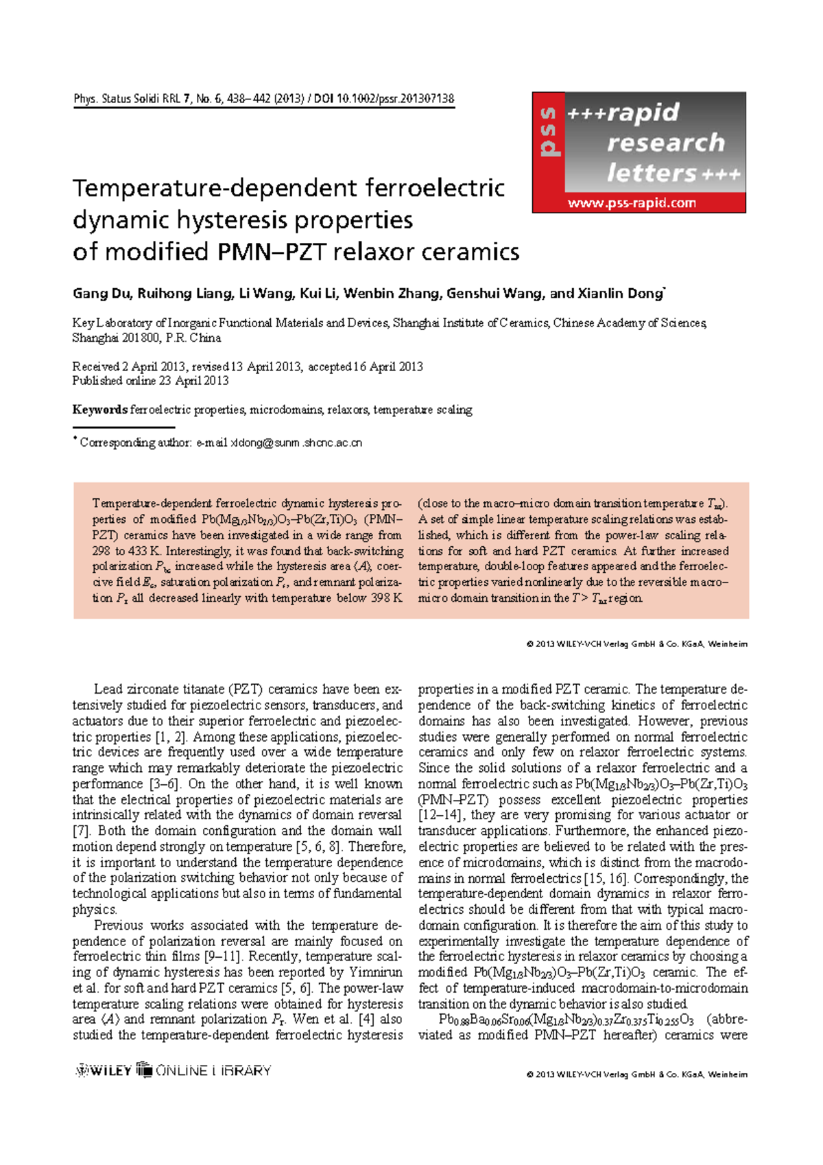2013 Temperature-dependent ferroelectric dynamic hysteresis properties of modified PMN PZT ...