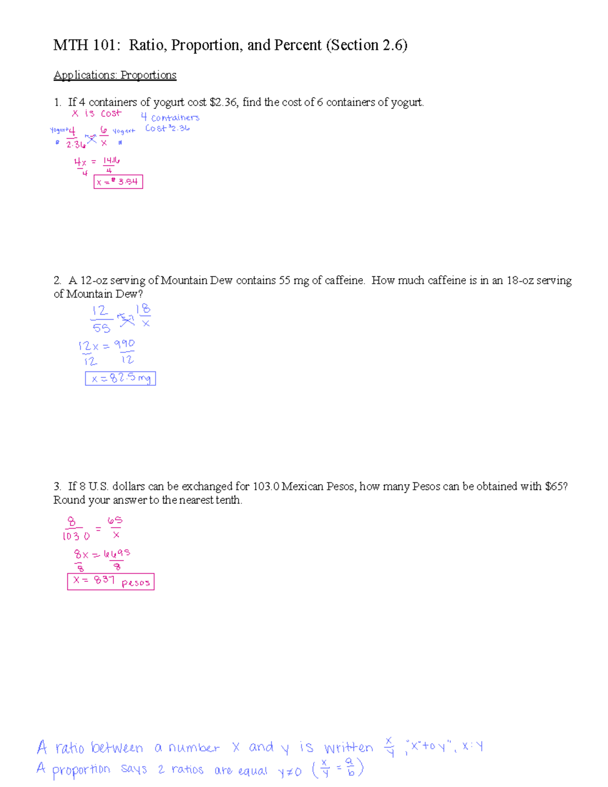 Intermediate Algebra 2 - MTH 101: Ratio, Proportion, and Percent ...