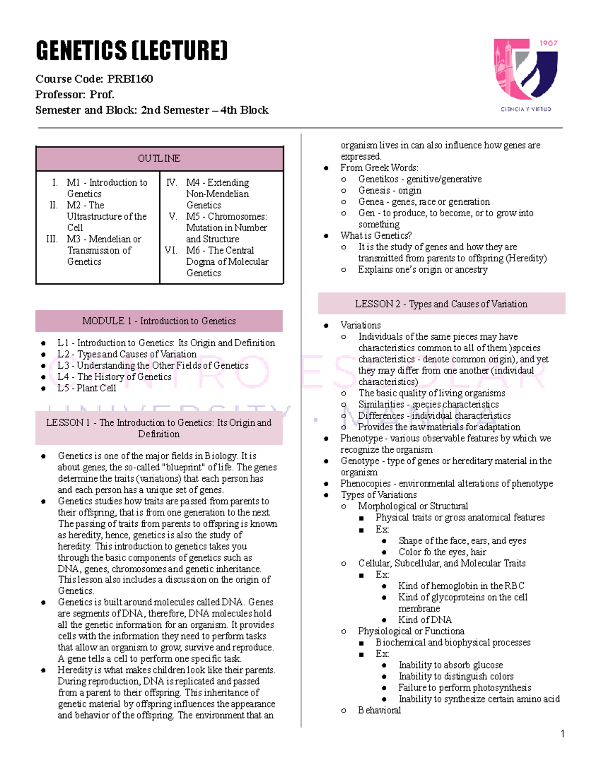 Genetics Lecture Notes - Course Code: PRBI Professor: Prof. Semester ...
