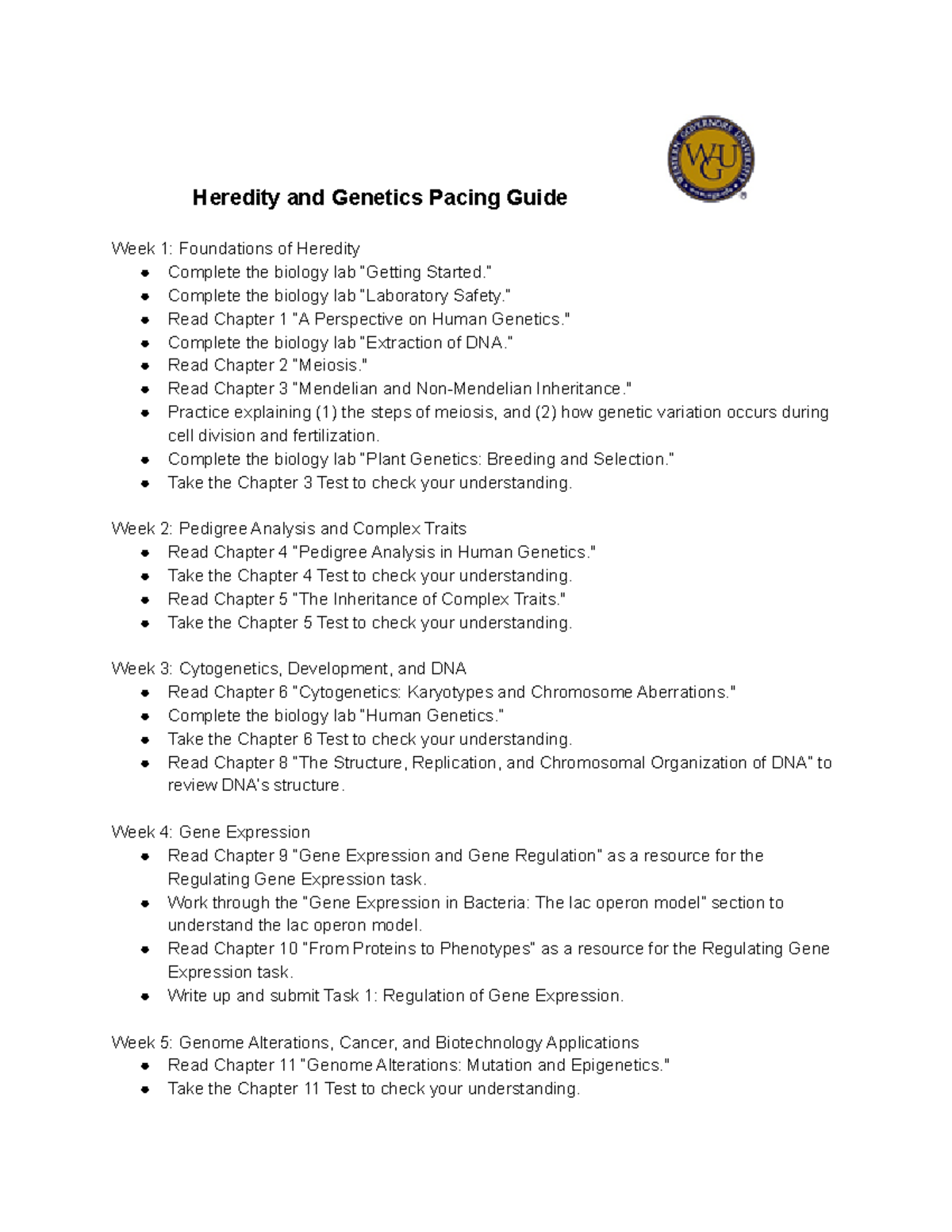 Heredity and Genetics Pacing Guide - ” Complete the biology lab ...