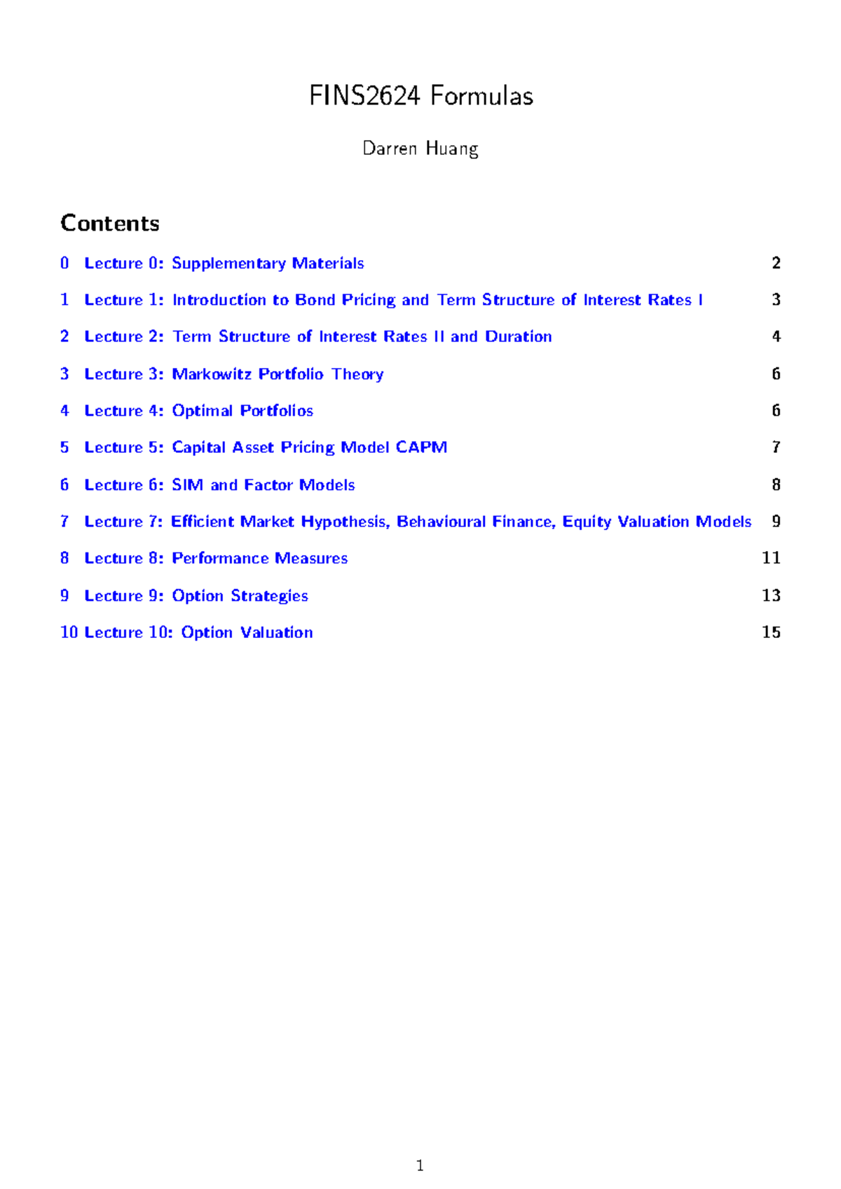 FINS2624 Formulas Modified - FINS2624 Formulas Darren Huang - 0 Lecture 0: Supplementary ...