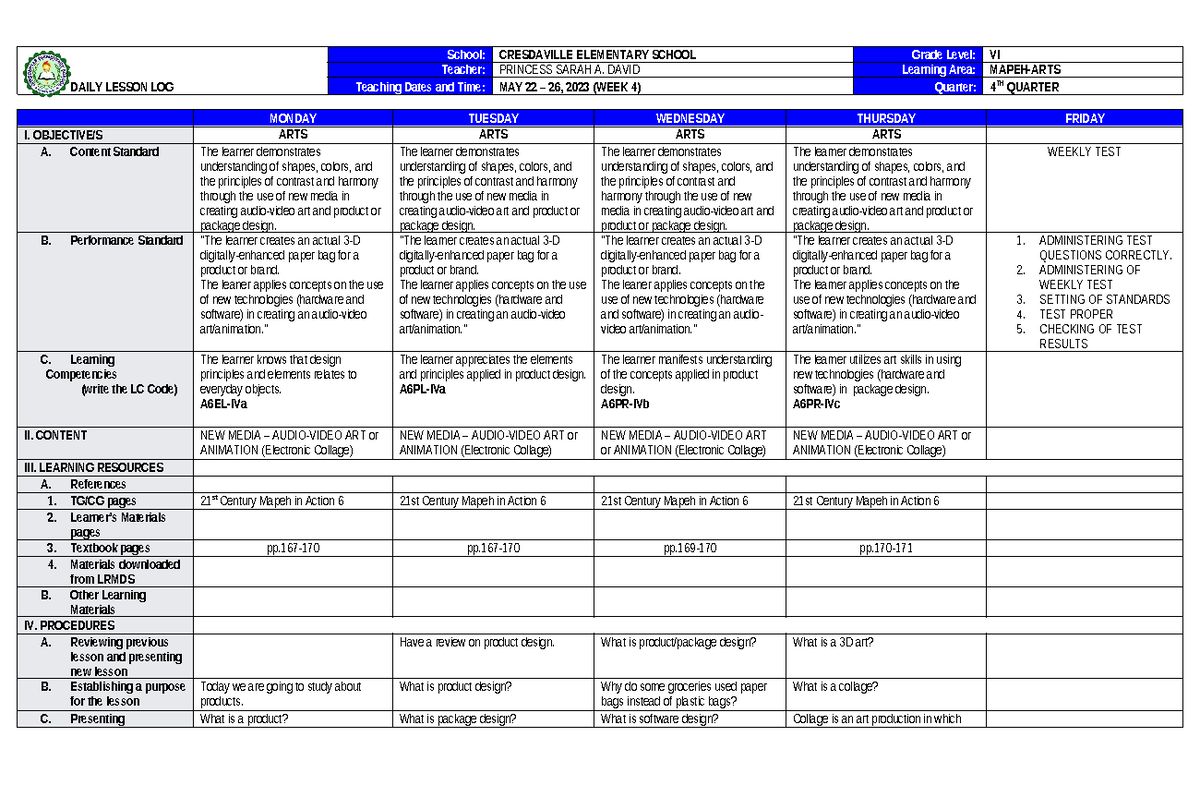 DLL Mapeh 6 Q4 W4 - .... - DAILY LESSON LOG School: CRESDAVILLE ELEMENTARY SCHOOL Grade Level ...