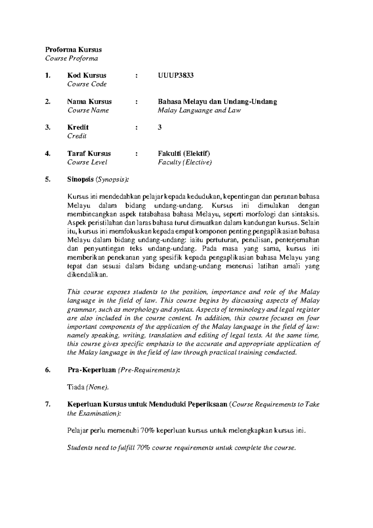 UUUP3833 Proforma - Bahasa Melayu DAN Undang- Undang - Proforma Kursus ...