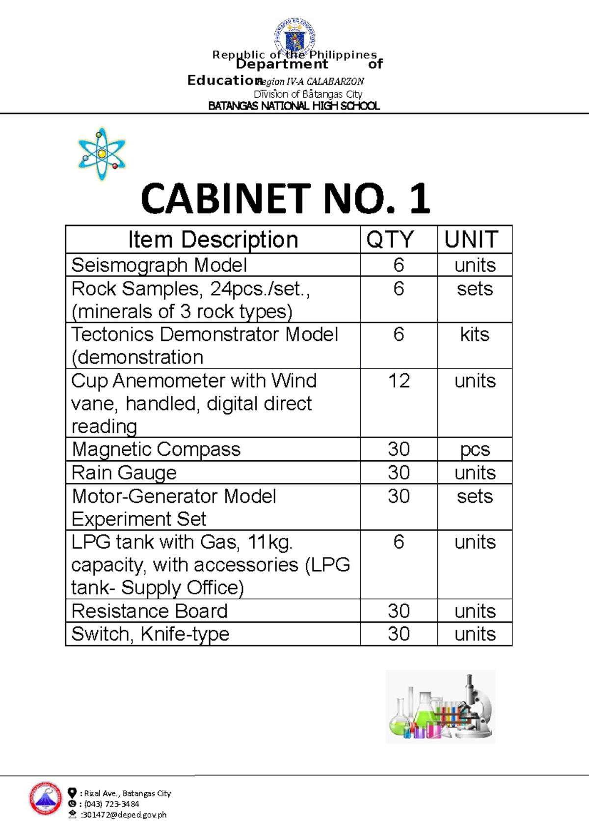 LIST OF Laboratory Equipments - BATANGAS NATIONAL HIGH SCHOOL CABINET ...