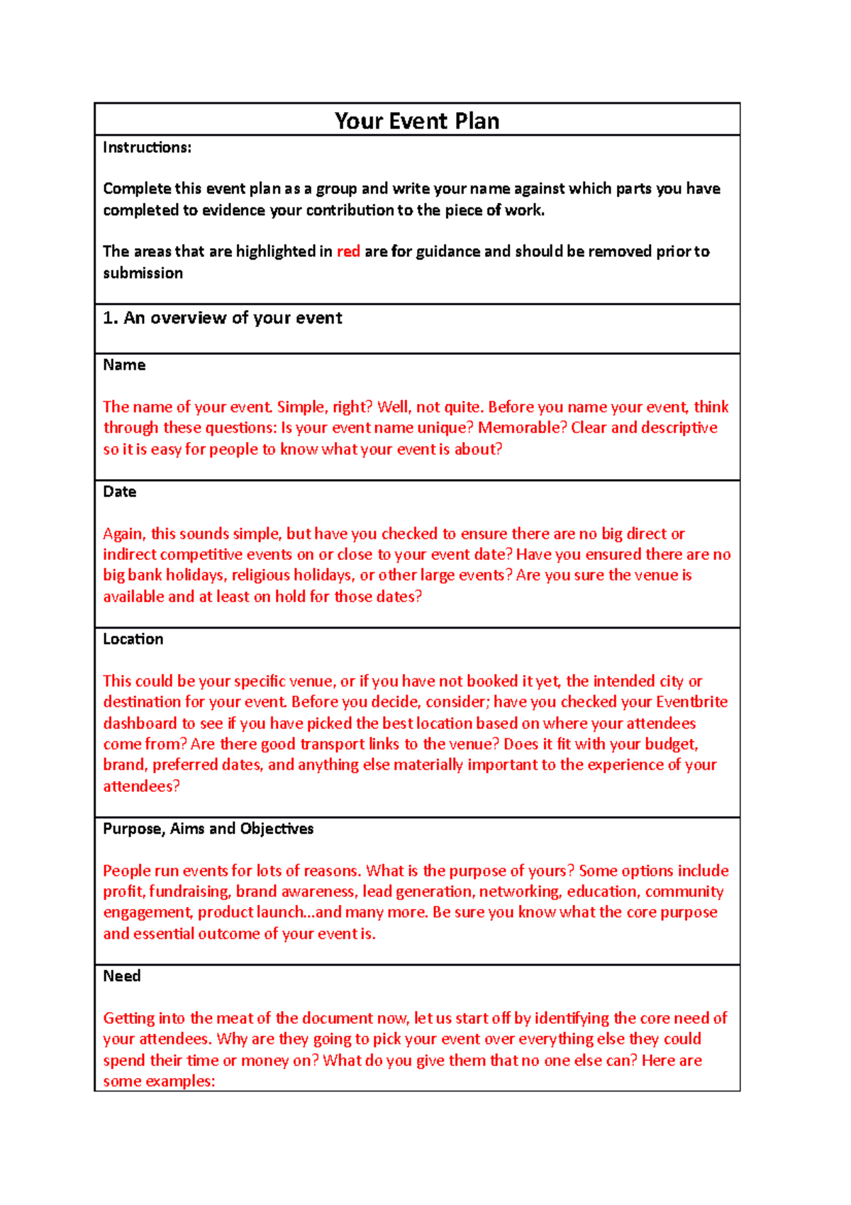Your Event Plan - hgguyguyguy - Your Event Plan Instructions: Complete ...