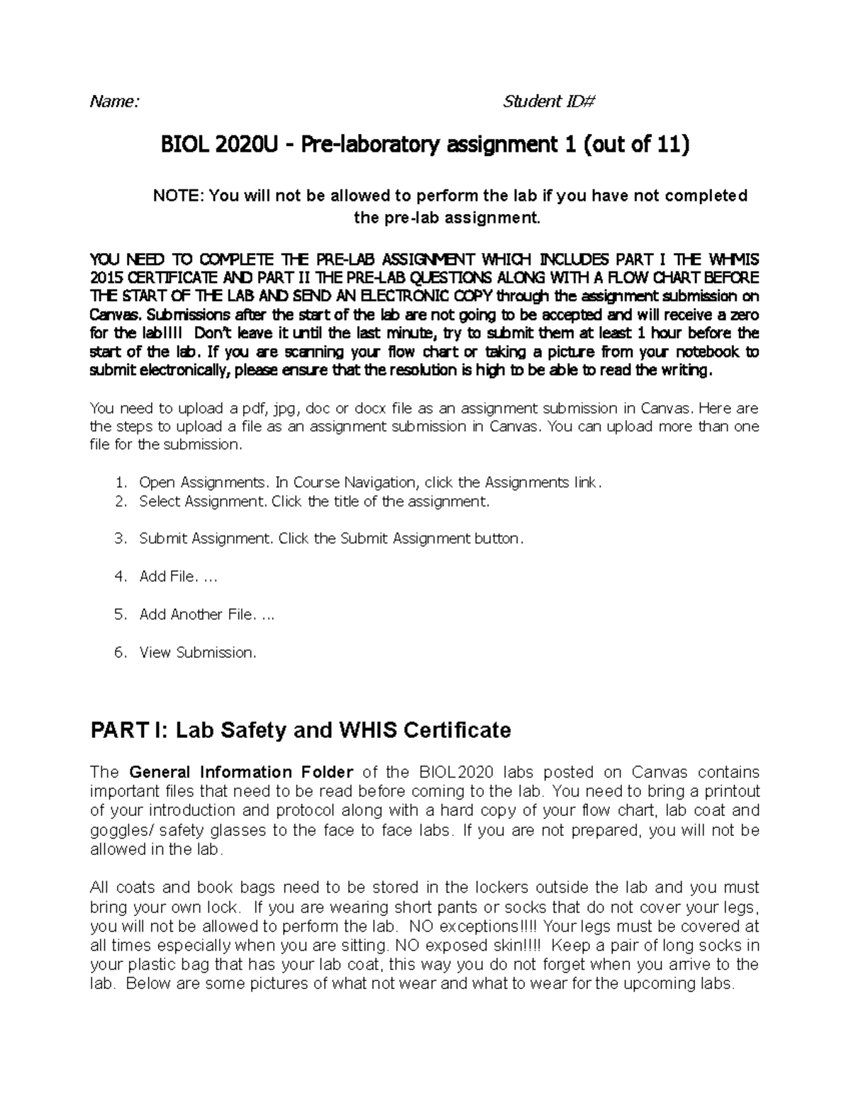 Lab 1 Prelab molecular bio - Name: Student ID# BIOL 2020 U - Pre-laboratory assignment 1 (out of ...
