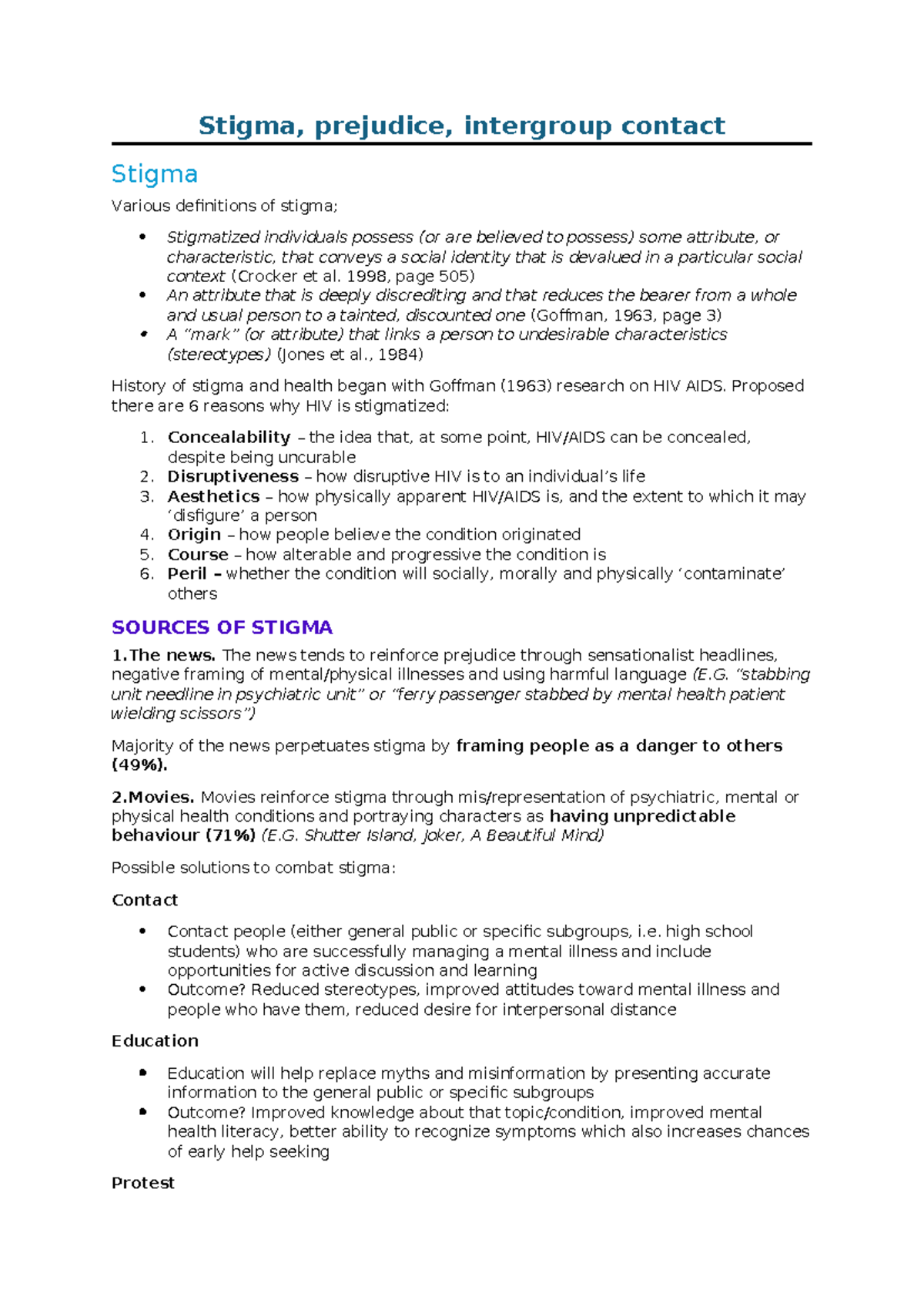 PSYC333 Test 2 cheat sheet - Stigma, prejudice, intergroup contact ...