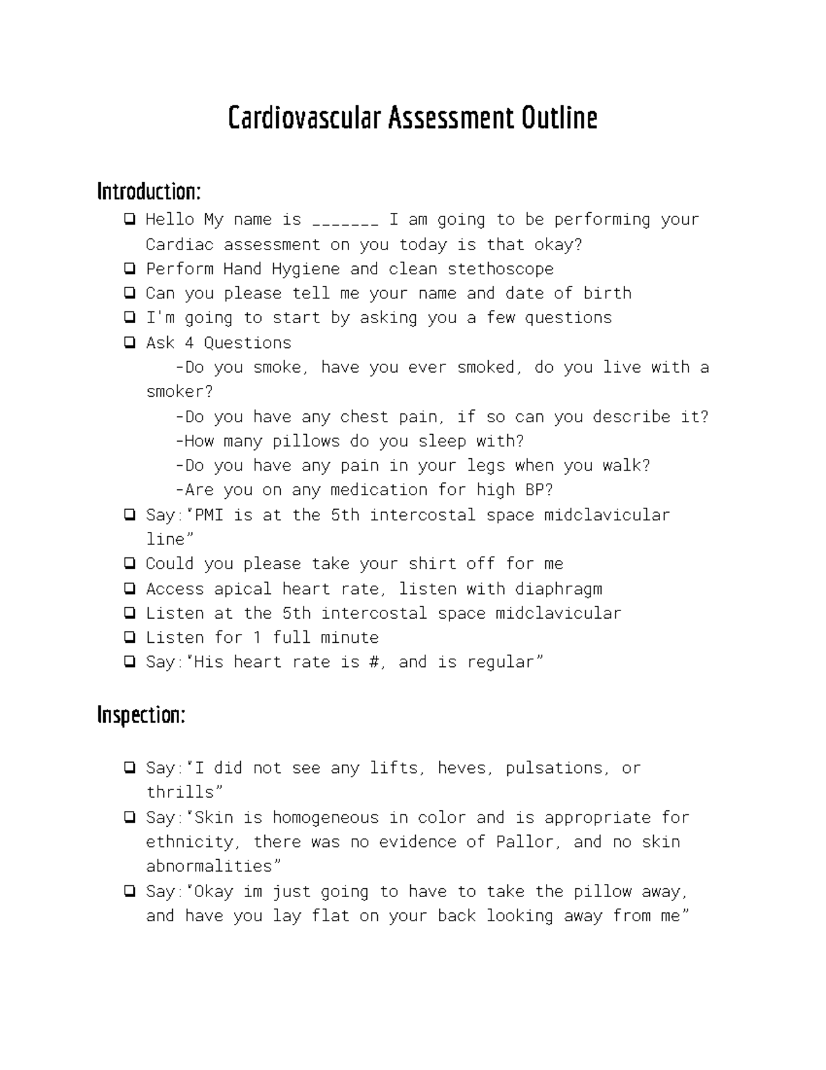 Cardiovascular Assessment Outline - Cardiovascular Assessment Outline ...