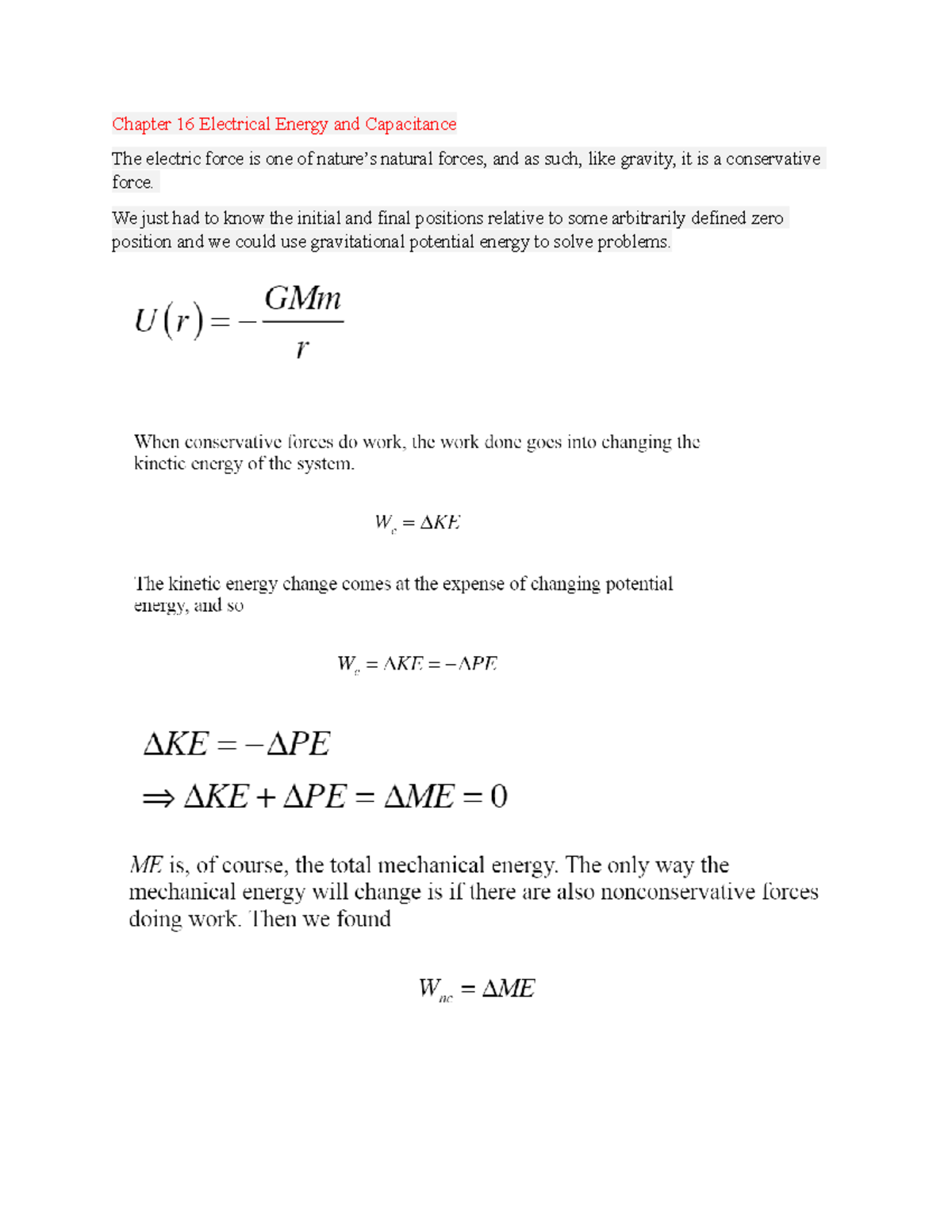 Chapter 16 Summaries Chapter 16 Electrical Energy And Capacitance