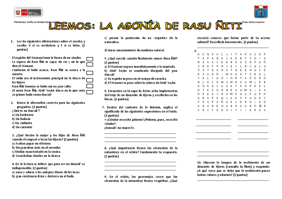 Actividad DE LA Lectura LA Agonia DE RASU ÑITI - Profesores: Steffy ...